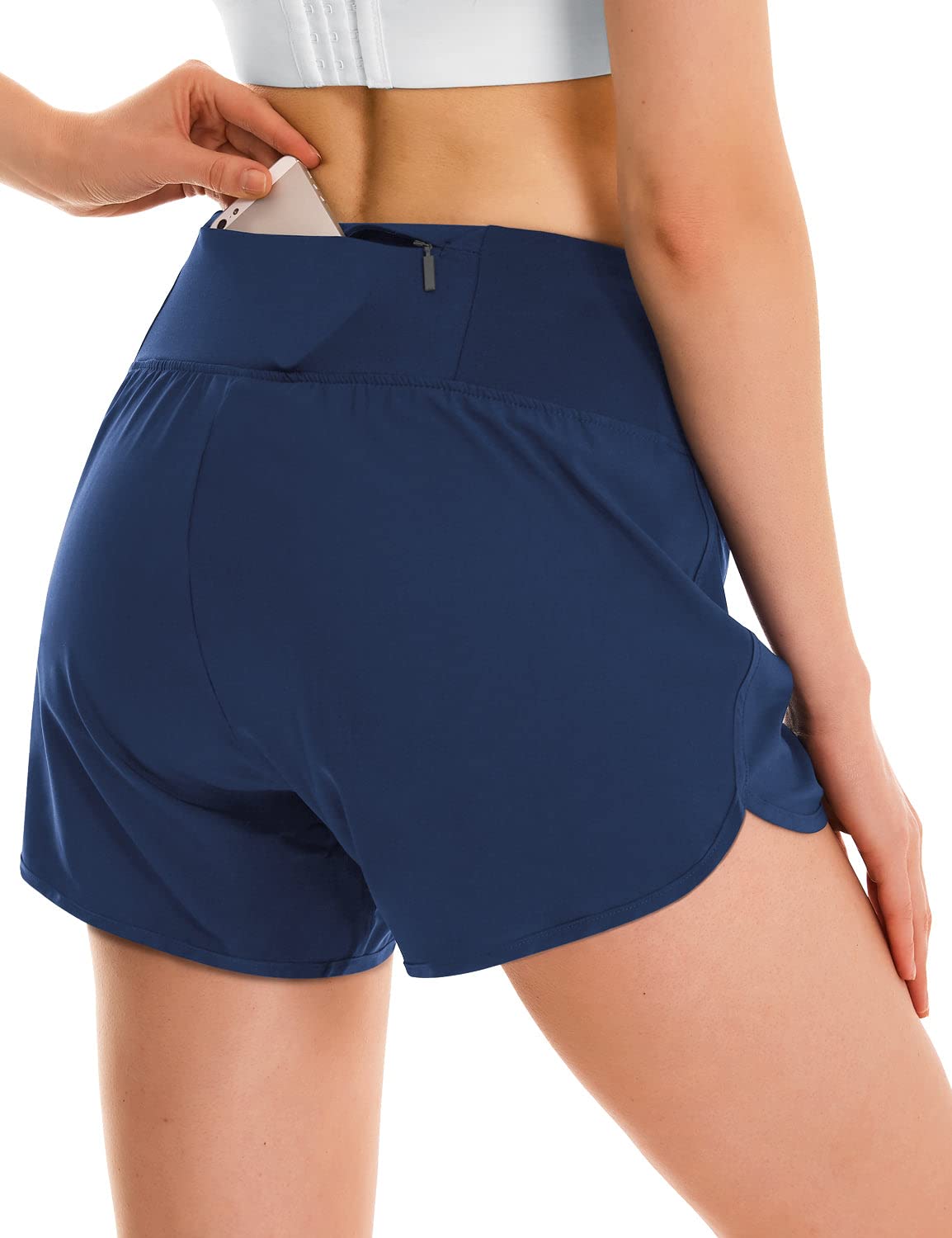 BALEAF Women's 4" High Waist Active Running Shorts with Liner Back Zip Pocket Lightweight Track Shorts Navy L
