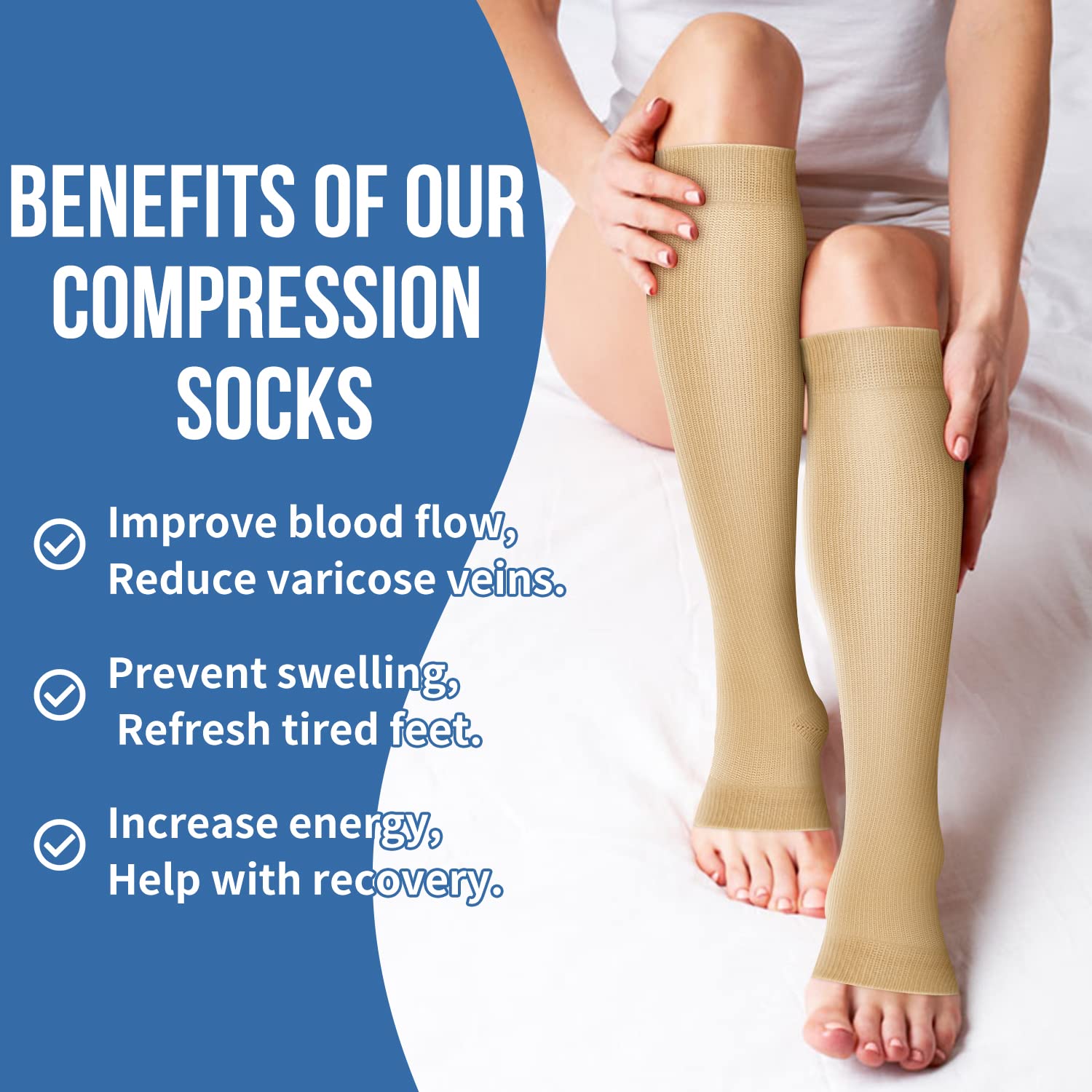 BLUEENJOY Open Toe Compression Socks Women and Men - 15-20mmHg Support Circulation Recovery Medical Compression Socks