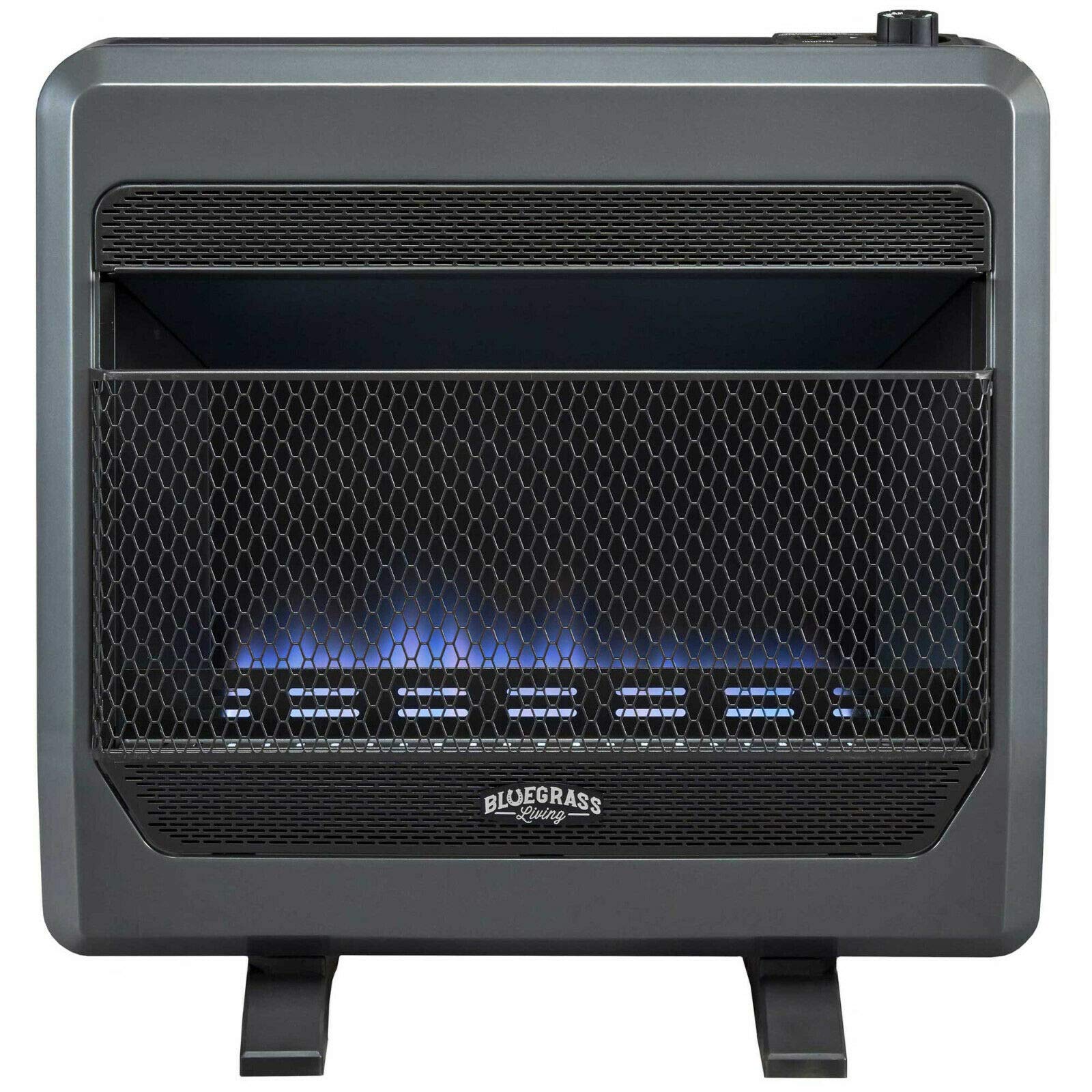 Bluegrass Living B30TPB-BB Ventless Propane Gas Blue Flame Space Heater with Thermostat Control, 30000 BTU, Heats Up to 1400 Sq. Ft., Includes Wall Mount, Base Feet, and Blower, Black