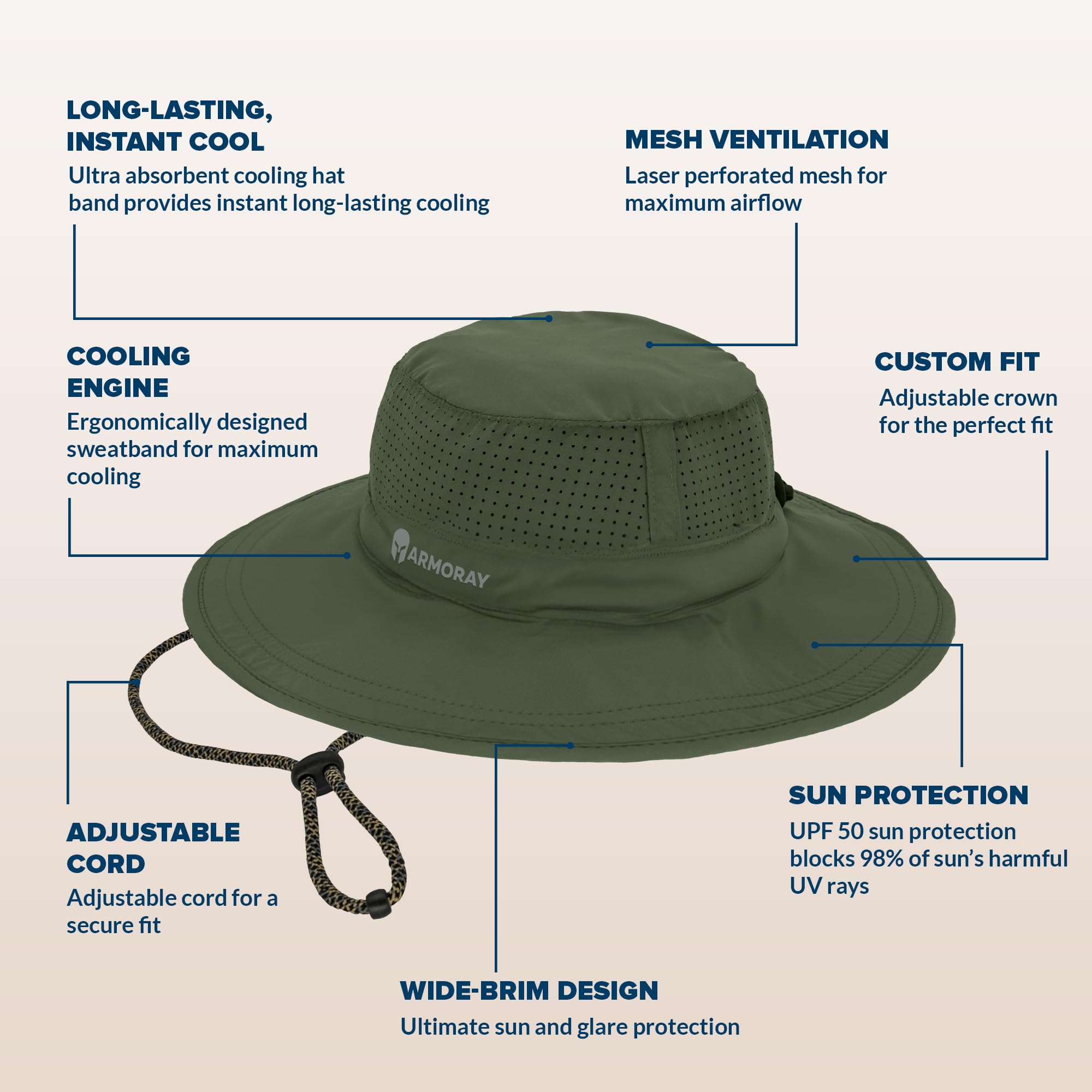 ARMORAY Cooling Boonie Bucket Hat - Wide Brim Adjustable Sun Hats for Men and Women - White