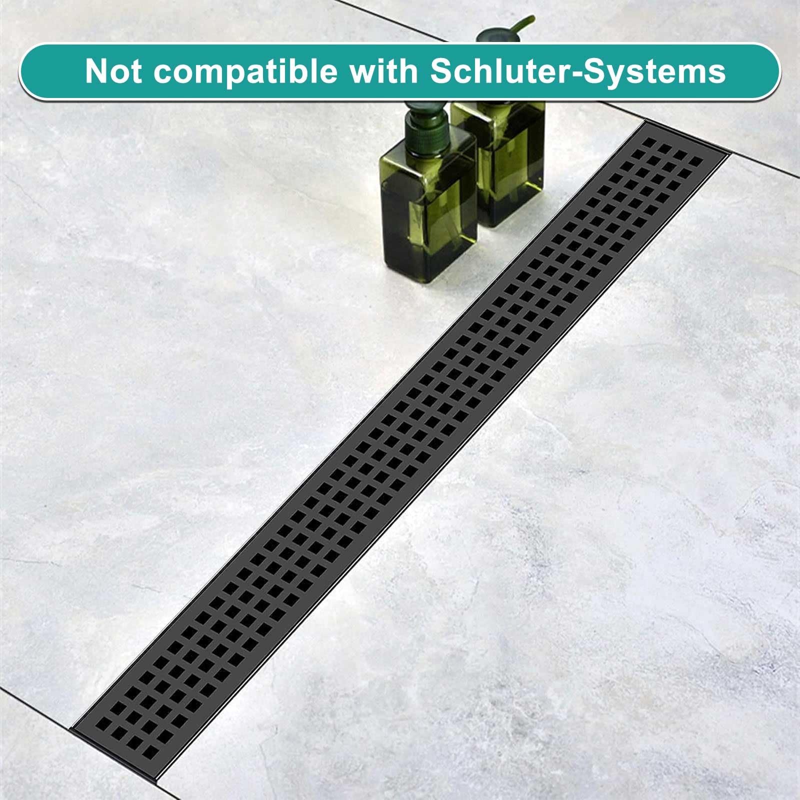 BARONAGE Linear Shower Drain 24 Inch with Removable Square Hole Pattern Cover Grate, 304 Stainless Steel Black Shower Floor Drain Watermark & CUPC Certified Include Accessories