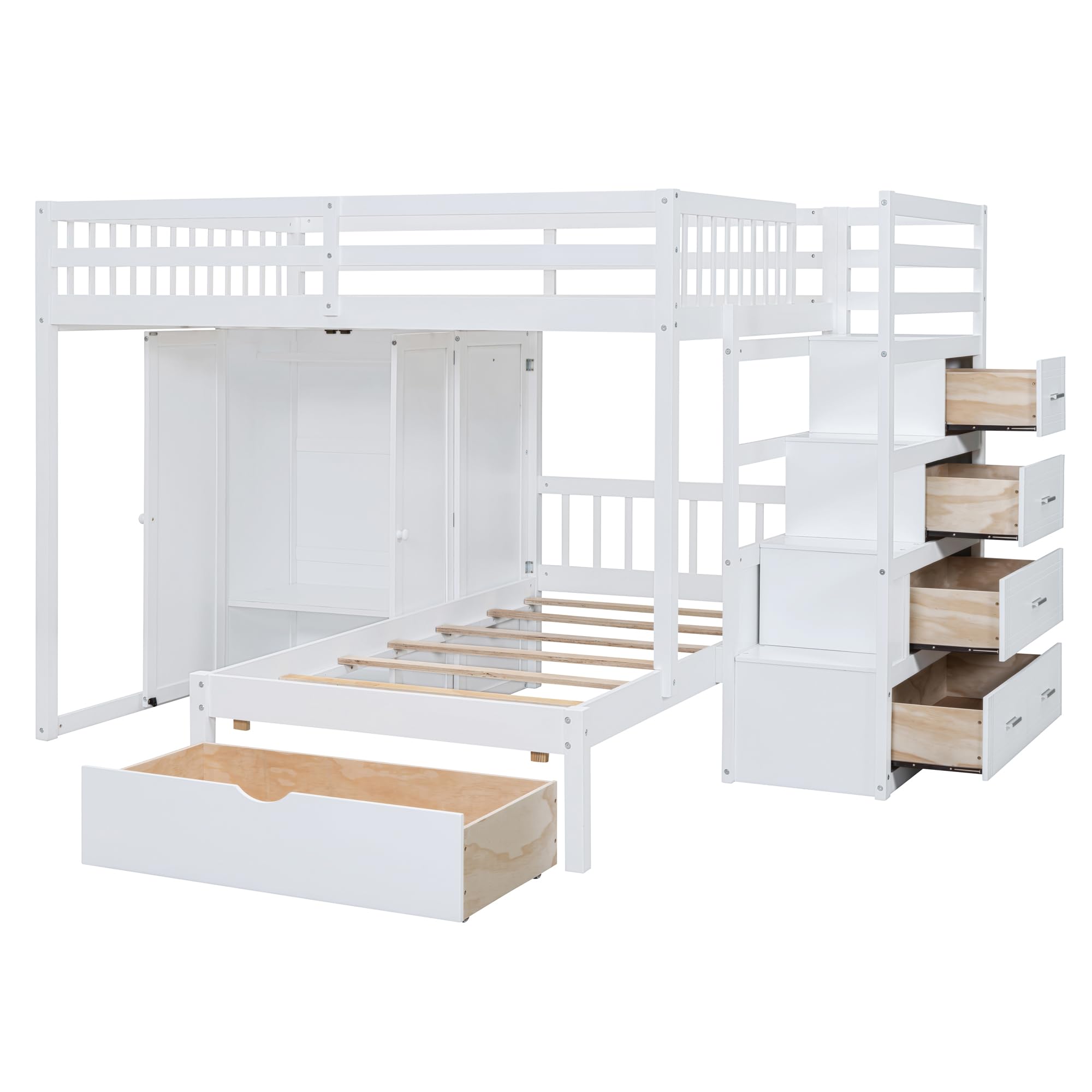Harper & Bright Designs Full Over Twin Bunk Bed with Stairs & Wardrobe, Wood Bunk Bed with Storage Drawers, Kids Bunk Bed Full Over Twin Size for Bedroom,No Box Spring Needed(White)