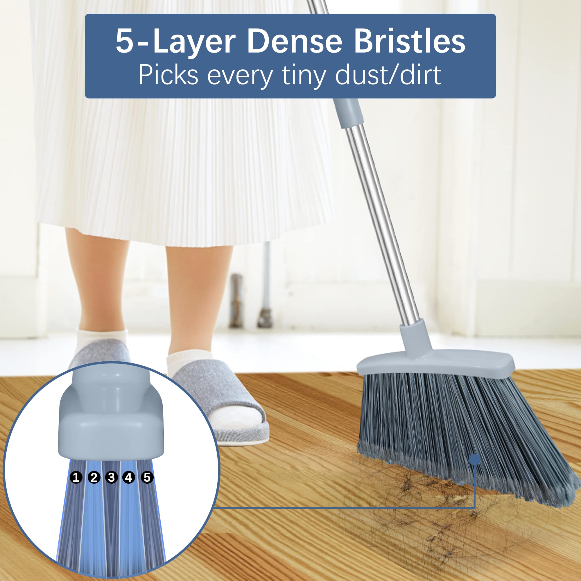 Broom for Outdoor Indoor, Folews Heavy Duty Broom 56 Inch Long Handle Angle Broom for Sweeping Kitchen Shop House Office Commercial Broom