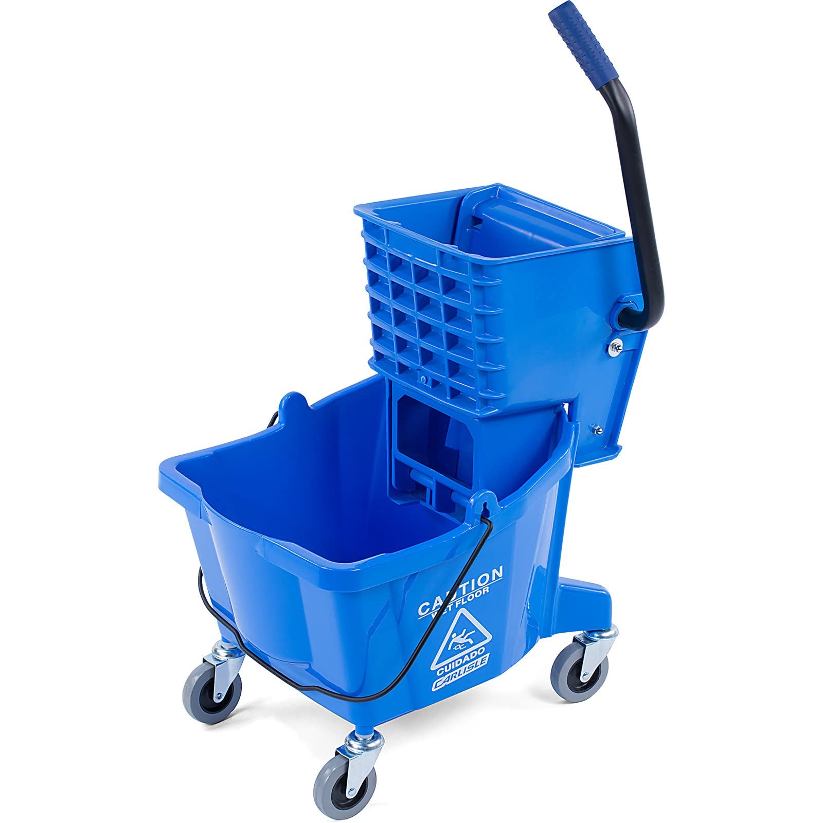 Carlisle FoodService Products Mop Bucket with Side-Press Wringer for Floor Cleaning, Restaurants, Offices, And Janitorial Use, Polyproylene, 26 Quarts, Blue
