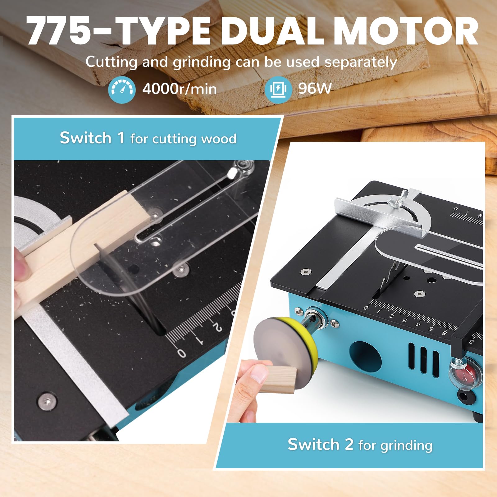 Bonoutil Mini Table Saw, 96W Dual Motor Control 4 Saw Blades Set Cut Thickness 12MM 0-90° Adjust Small Table Saw for Hobby DIY Model Wood Cutting