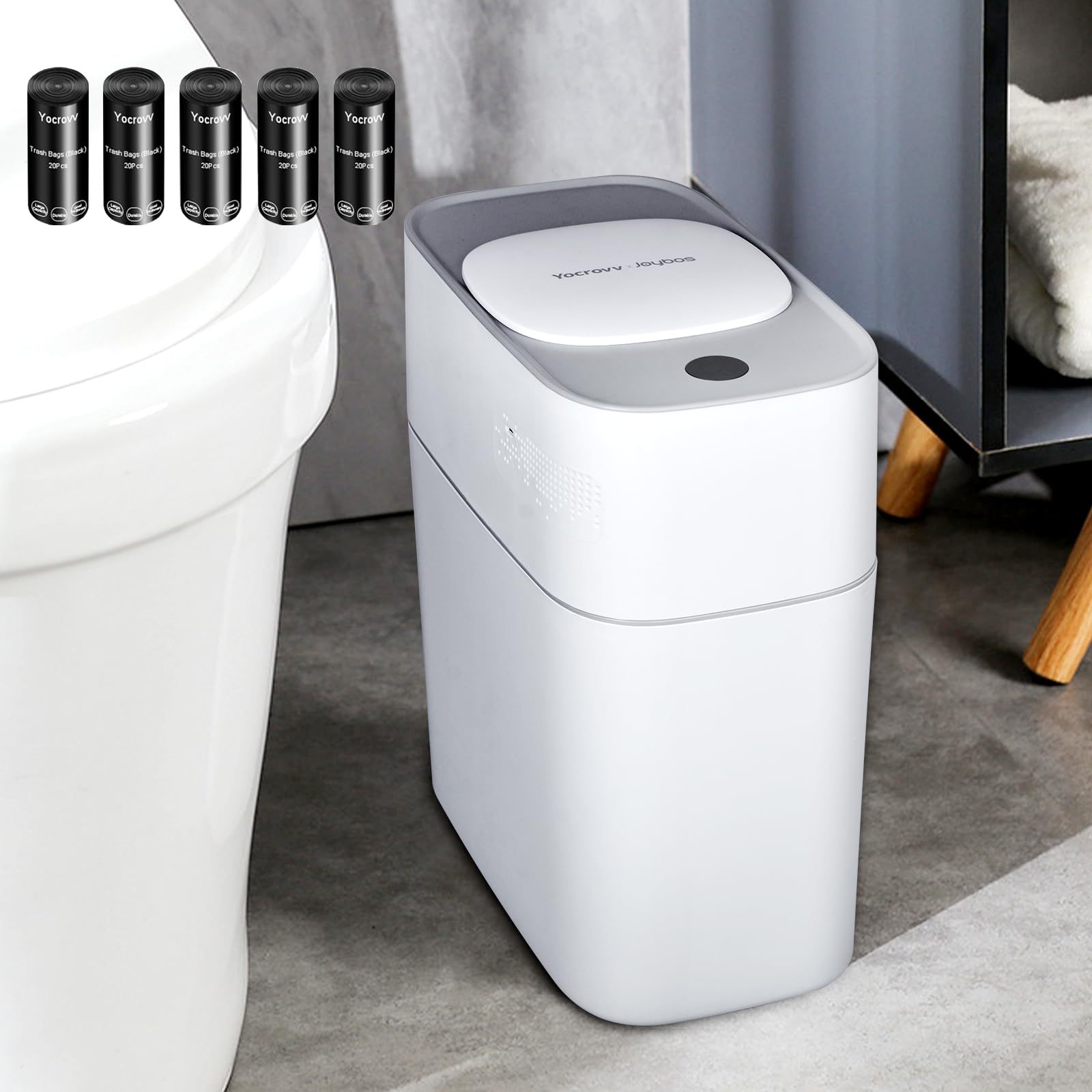 Automatic Bathroom Slim Trash Can with Lid, 3.8 Gallon Small Plastic Rechargeable Touchless Motion Sensor Narrow Smart Garbage Can for Bedroom, Bathroom, Kitchen, Office, RV