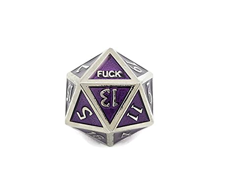 Purple Silver Metal D20 F*** Dice Critical Fail F 20 Sided Die Set DND Blue White Color Number for Role Playing Game Dungeons and Dragons D&D Pathfinder Shadowrun and Math Teaching
