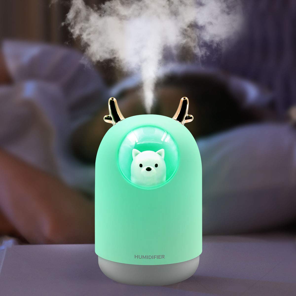 AmuseNd Portable USB Cool Mist Humidifier, 300ML Mini Atomization Humidifier with 7 Kinds of LED Light Conversion, Desktop Ultrasonic Air Humidifier Suitable for Kids, Baby, Offices, Bedrooms,Dorm