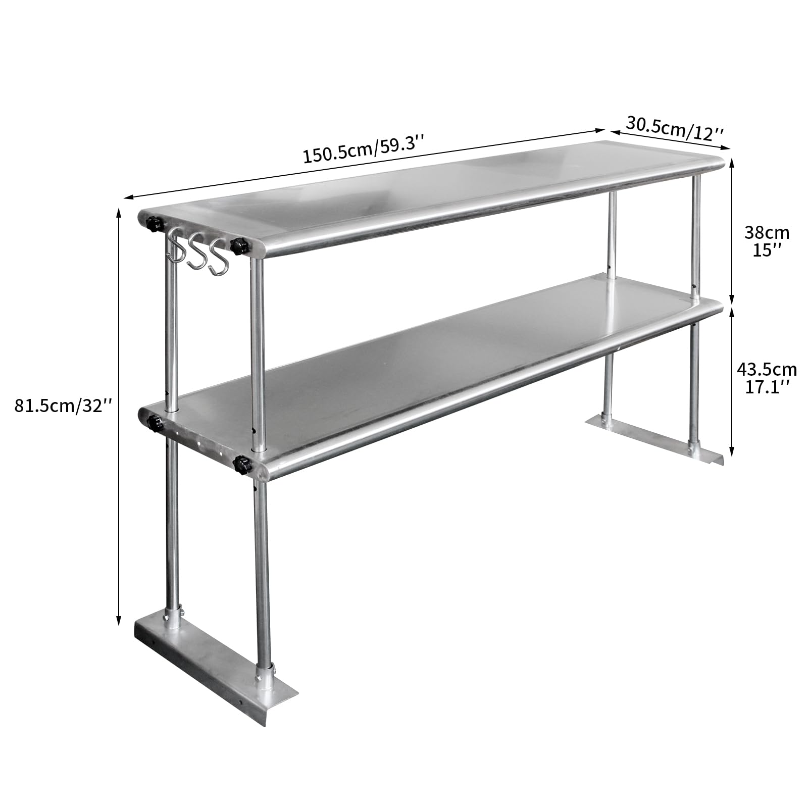 Vlaeng 60" x 12" Stainless Steel Double Overshelf, Double Overshelf with 6 Hooks, Adjustable Commercial Double Shelf for 60" Prep Work Table in Restaurant, Home, Kitchen and Workshop