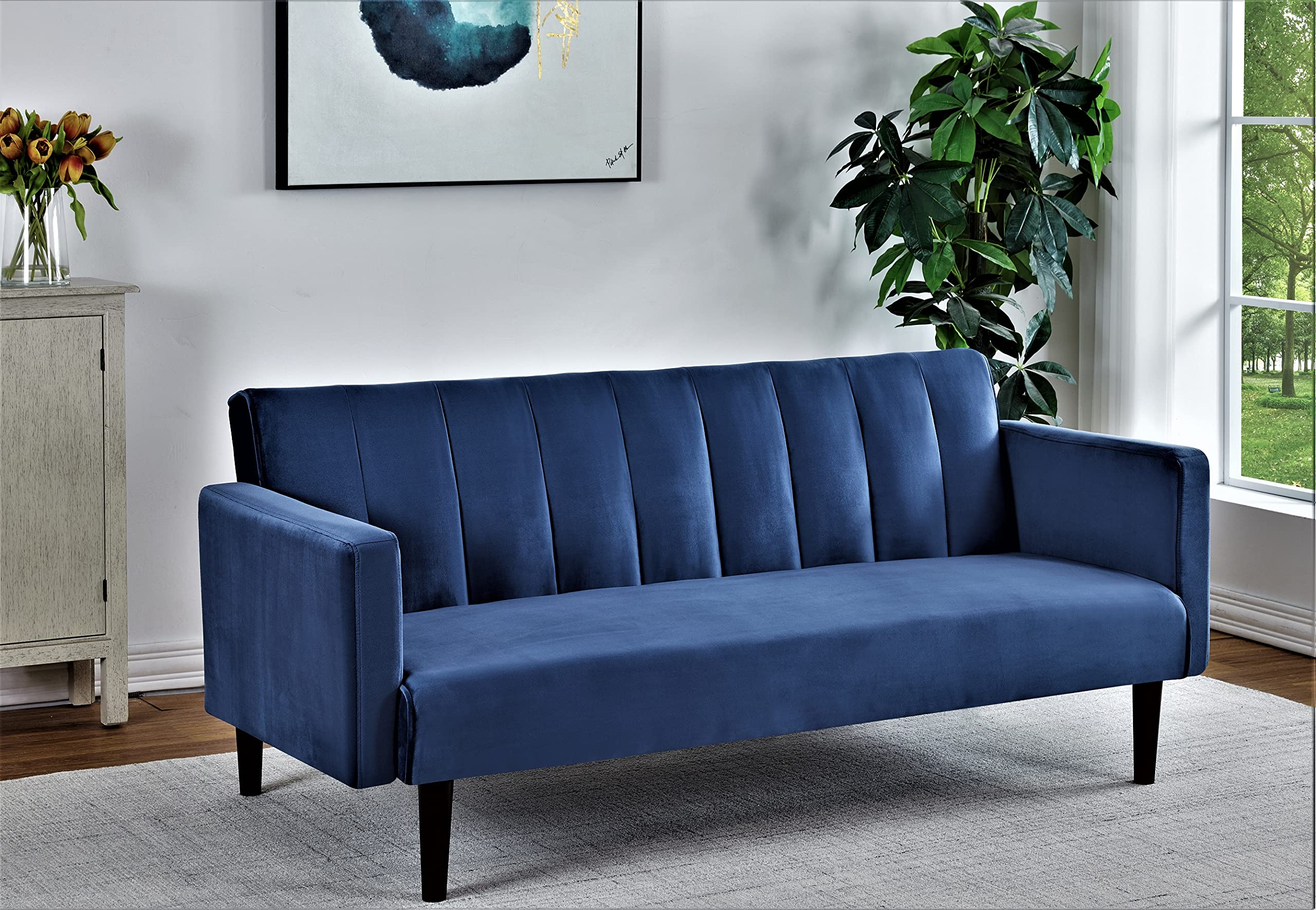 Container Furniture Direct Regal Modern Convertible Full Out Futon Sofa Compact Channel Stitch Velvet Sleeper Couch Bed for Living Room, Bedrooms, Apartments, and Dorm, 72 Inch, Deep Blue