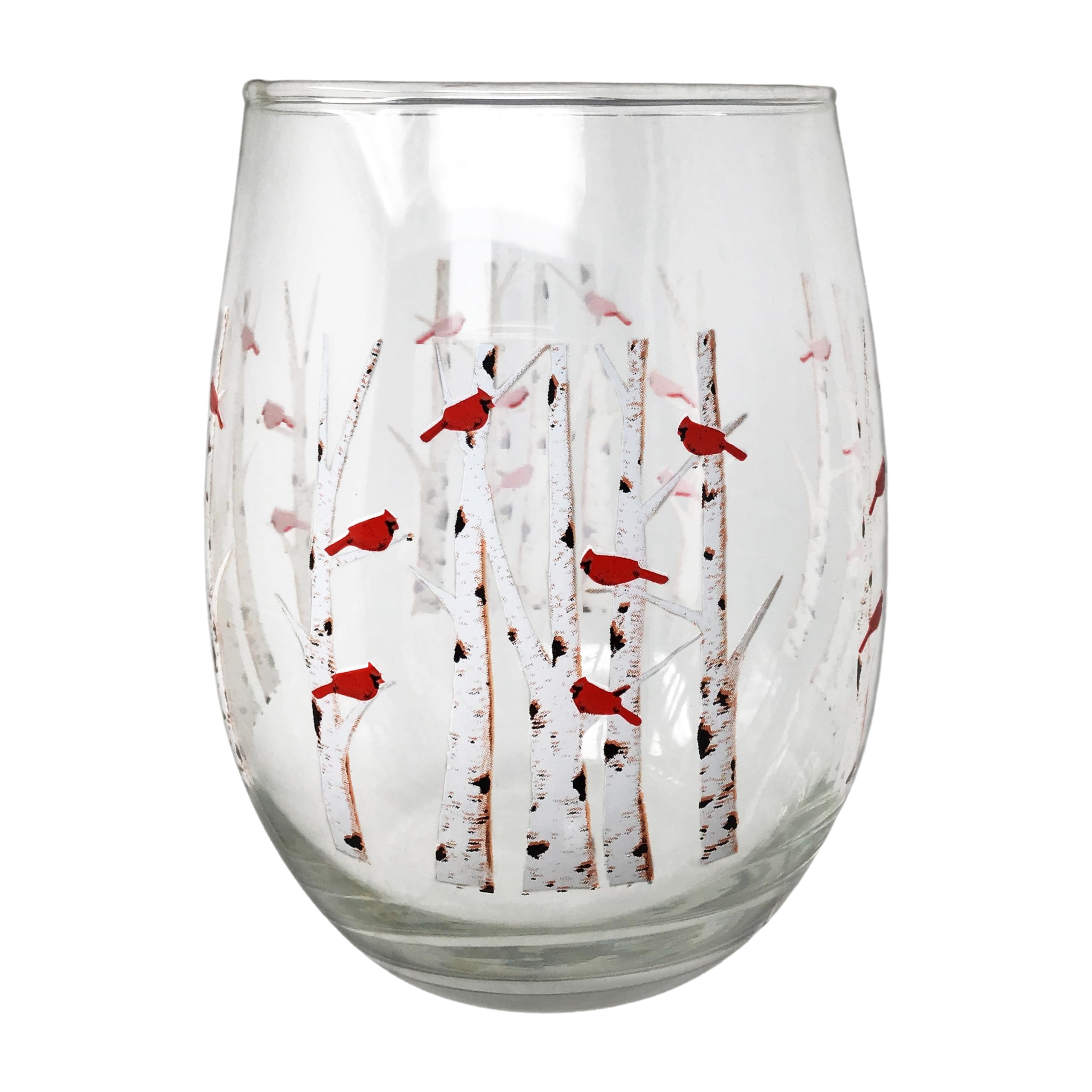 BANBERRY DESIGNS Cardinal Wine Glass - Set of 4 - Stemless Glasses - Cardinals Perched on White Birch Trees - All Occasion - Approximately 4 3/4" H 20 oz