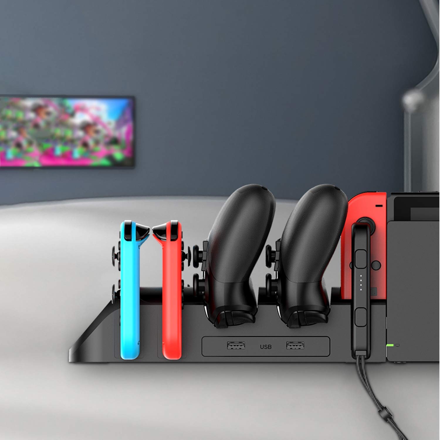 ECHZOVE Charging Dock for Nintendo Switch Controllers, Charger Stand for Switch Pro Controllers and Joy Cons with 2 USB 2.0 Plugs and 2 USB 2.0 Ports - GreenWhite