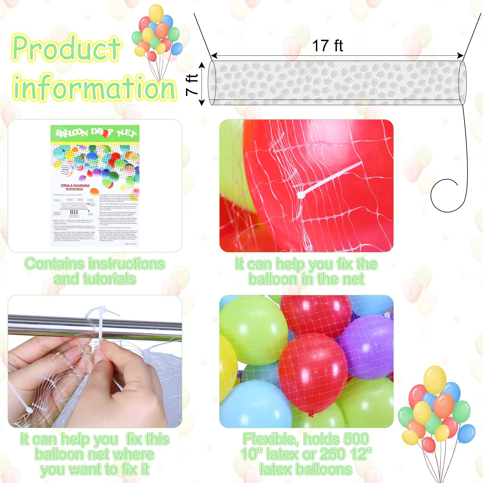 Balloon Drop Net Balloon Reusable Ceiling Release Balloon Netting for Birthday, New Year's Celebration, Graduation Party Supplies, White (27 x 7 Ft)