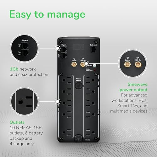 APC UPS 1500VA Sine Wave UPS Battery Backup, BR1500MS2 Backup Battery Power Supply, AVR, 10 Outlets, (2) USB Charger Ports