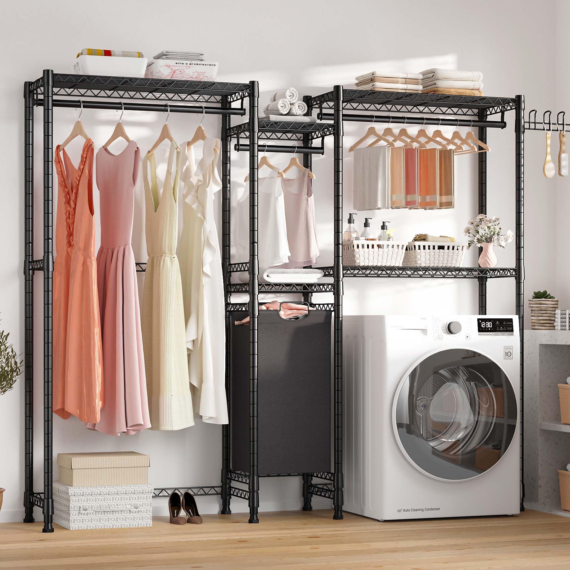 Raybee Over The Washer and Dryer Storage, Laundry Room Organization, Laundry Room Organization and Storage,78.7”W Laundry Room Shelves with Laundry Hamper and Hooks Washer and Dryer