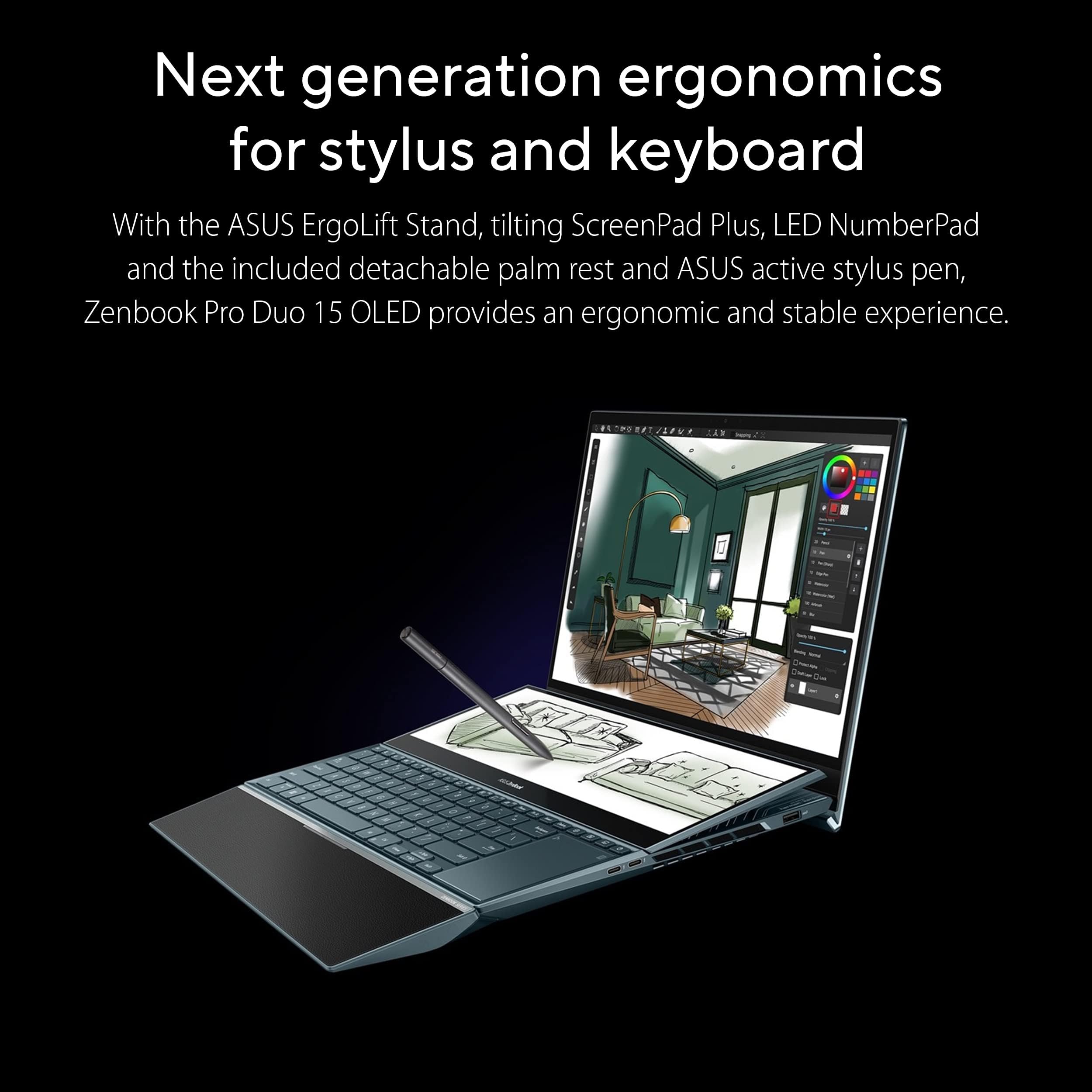 ASUS 2023 Newest ZenBook Pro Duo 15 Laptop, 15.6β OLED 4K Touchscreen, Intel Core i7-12700H (14 core), NVIDIA GeForce RTX 3060, 16GB RAM, 1TB SSD, ScreenPad Plus, Windows 11 Home, Celestial Blue