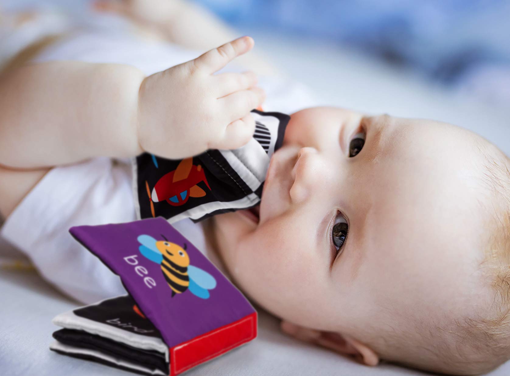Baby First Soft Activity Cloth Book Set, High Contrast Black and White Interactive Crinkle Soft Book Bundle for Infant, Baby Early Education for Brain Development with Numbers, Words, Shapes, Colors