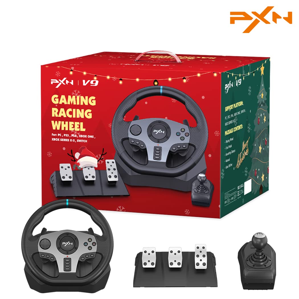 PXN V9 Gaming Steering Wheels - 270/900° Xbox Steering Wheel Driving Sim, PC Racing Wheel Dual-Motor Vibrate with Pedals and Joystick, for Xbox One, PS4, PS3, PC,Xbox Series X|S,Switch