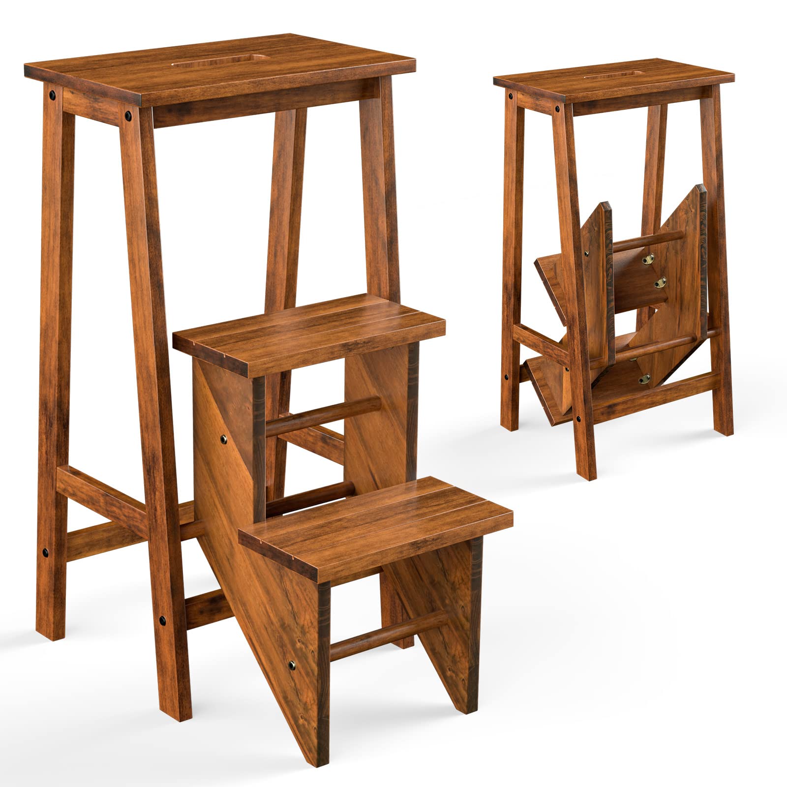 Giantex 3 Step Ladder, Lightweight 3-in-1 Multifunctional Step Ladder w/Anti-Slip Reversible Pedal, Hollow Handle Design, Used for Storage Shelf, Sitting Chair, Folding Pine Wood Step Ladder