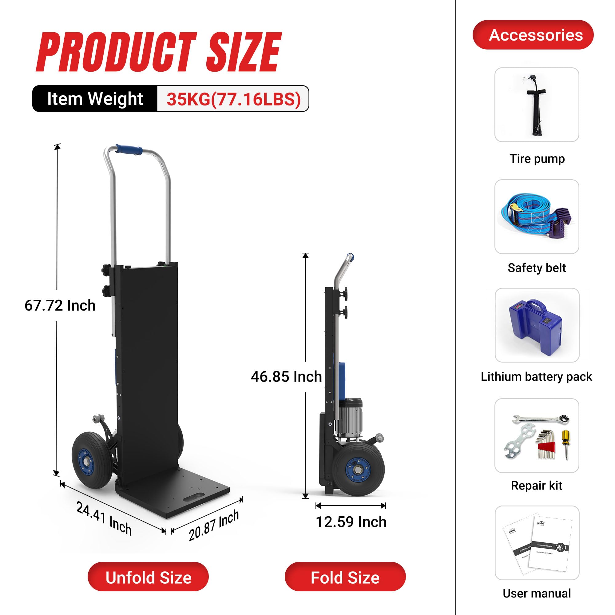 XSTO Heavy Duty Stair Climbing Hand Trucks 550lbs Capacity, Electric Dolly with Back Board Powered Stair Climbing Cart 480W Carbon Steel Frame, Adjustable Handle Stair Climber Trolley(ZW4250)