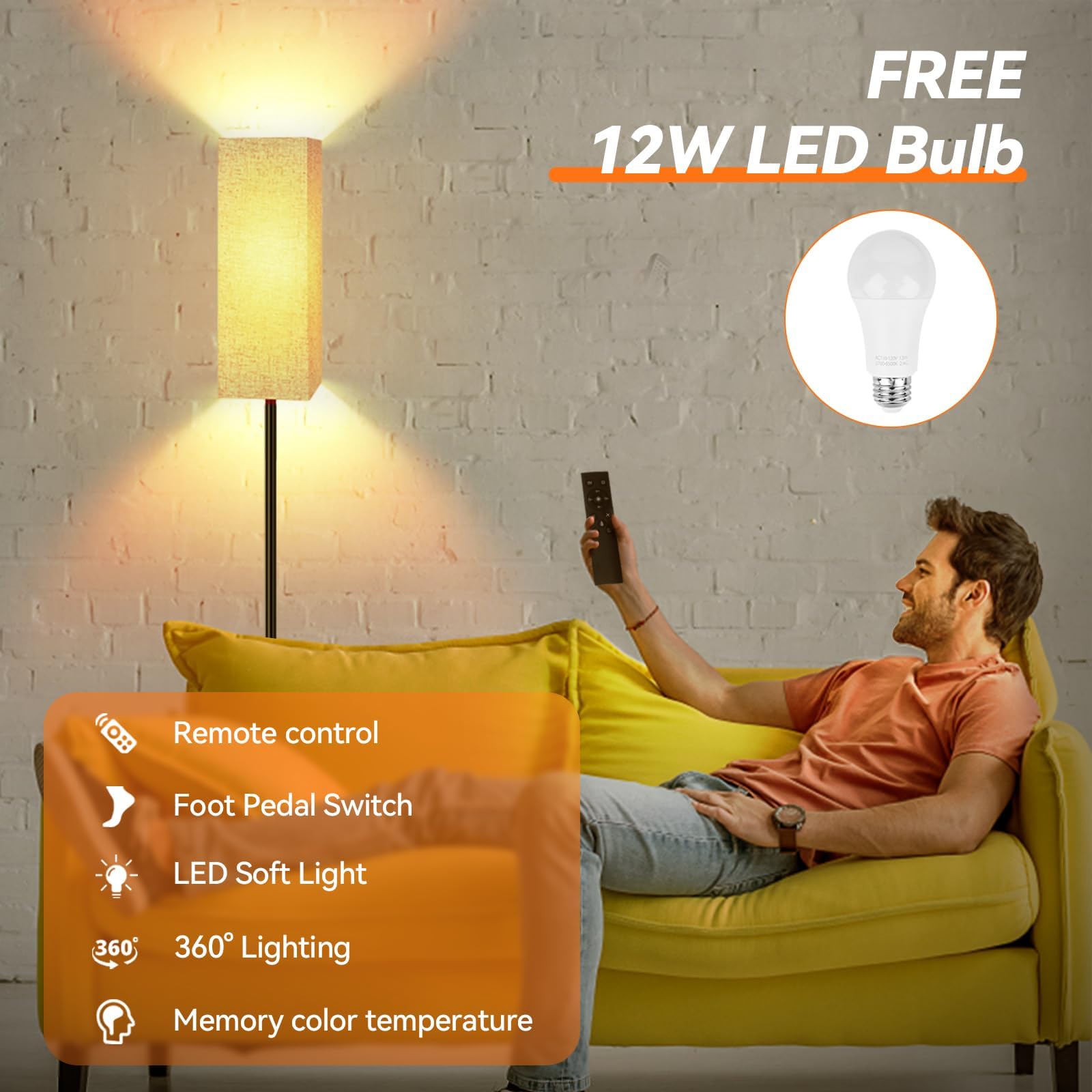 ATAEFR Floor Lamps for Living Room Bedroom, Modern Standing Lamp with Remote Control, Dimmable 3 Color Temperatures, 67" Tall lamp for Reading Office, 12W LED Bulb