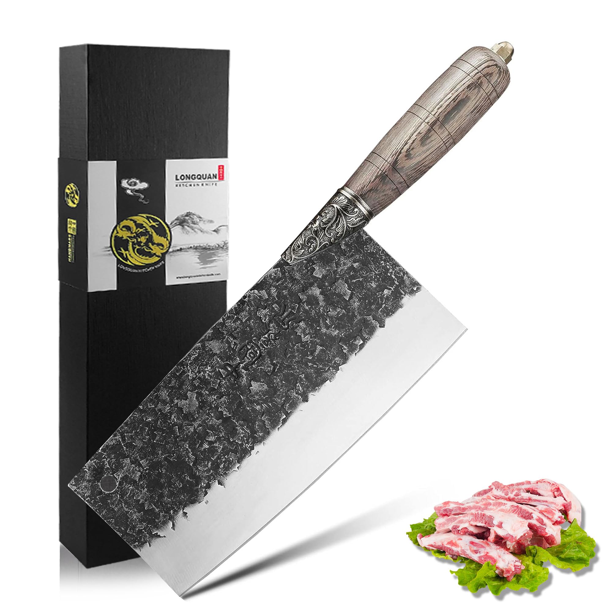 LONGQUAN Butcher Knife, Multipurpose Chef Meat Cleaver, Sharp Viking Knife 6.5 inch, Handmade Boning Knife, Caveman Knife with Black Forged Texture - Plastic Handle