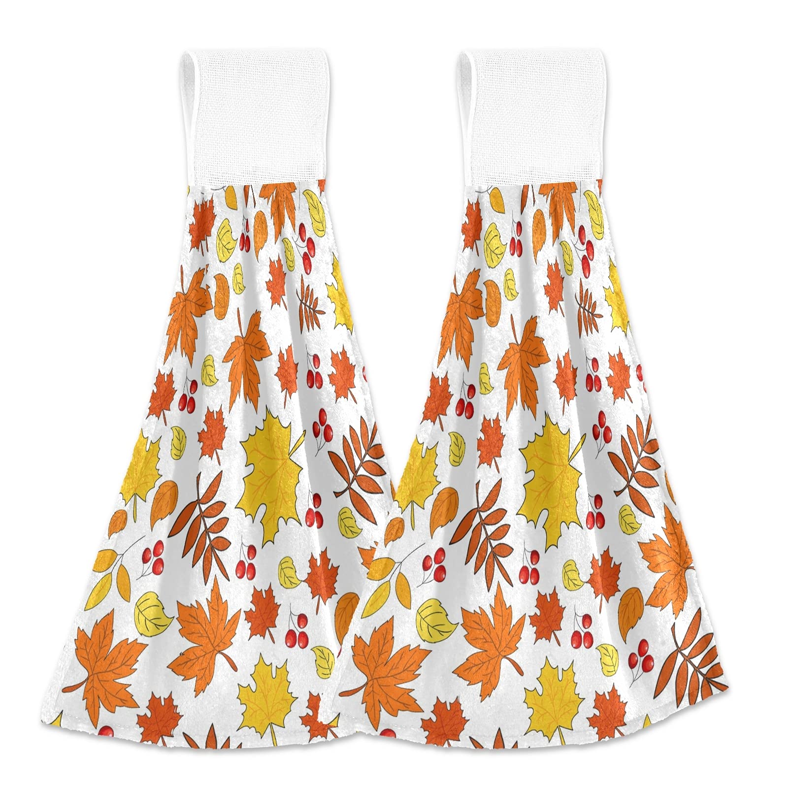 Autumn Maple Leaves Hanging Kitchen Towel Berry Fall Leaf Hand Tie Towels Set 2 Pcs Tea Bar Dish Cloths Dry Towel Soft Absorbent Durable for Bathroom Laundry Room Decor