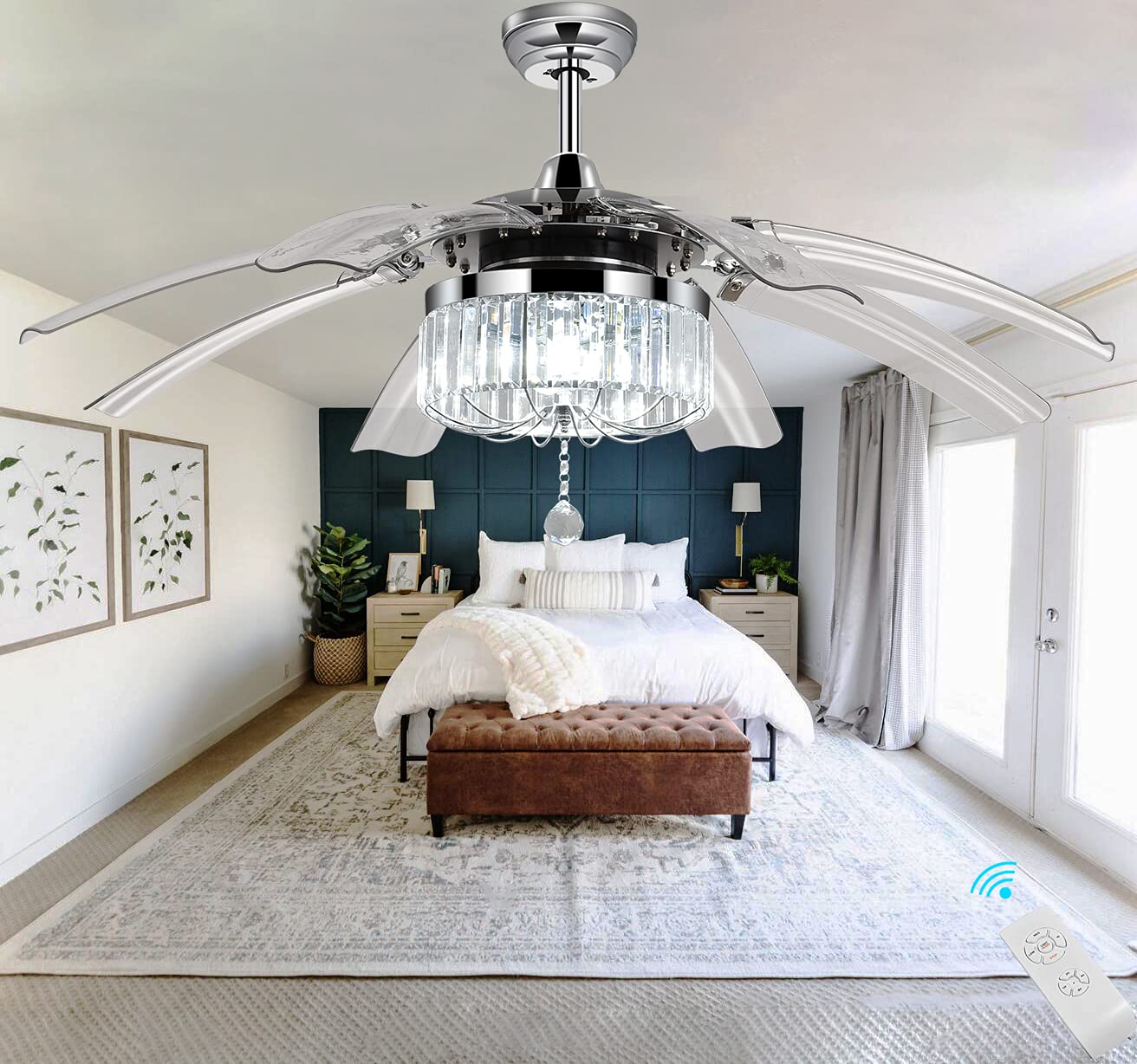 AWEHIRU 48inch Modern Crystal Ceiling Fan Indoor with Lights, Remote Control Fandelier, Retractable Ceiling Fan and Light Bedroom Dining Room Light Ceiling Fan Chandelier Light Fxitures