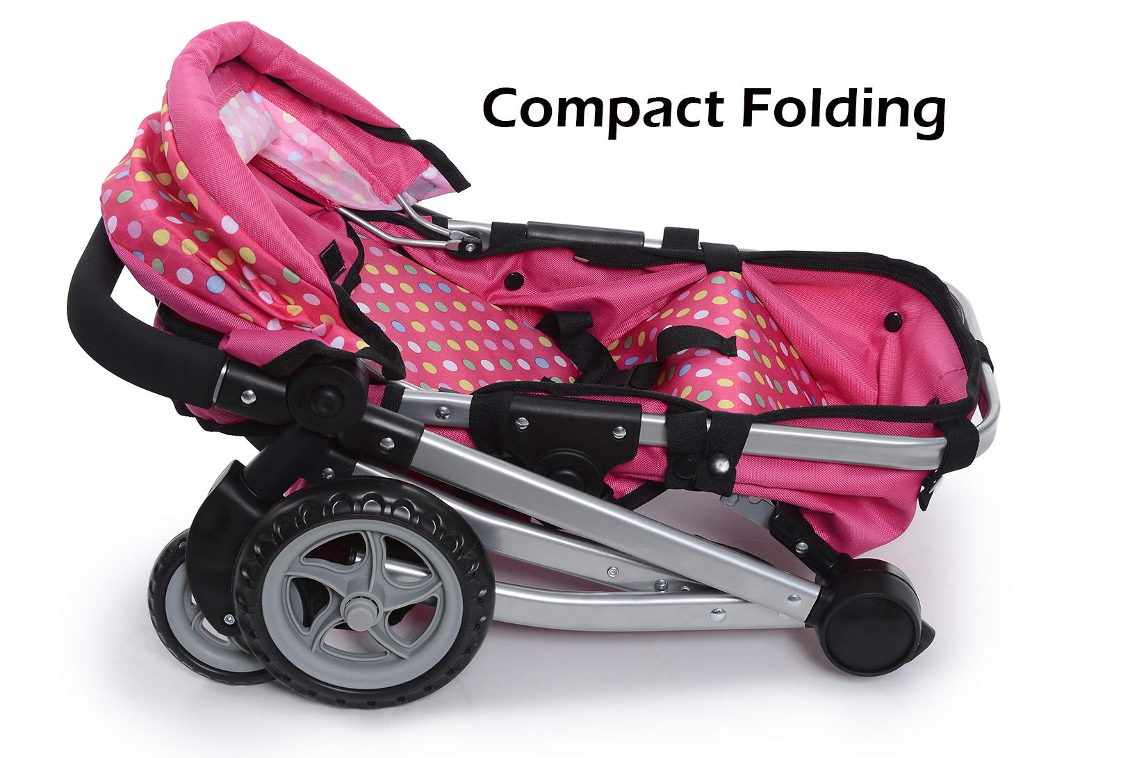 Fash N Kolor | Foldable Pram for Baby Doll with Flower Design with Swiveling Wheel Adjustable Handle Bassinet Stroller with Baby Doll, Convertible Seat, and Basket, and Free Carriage Bag