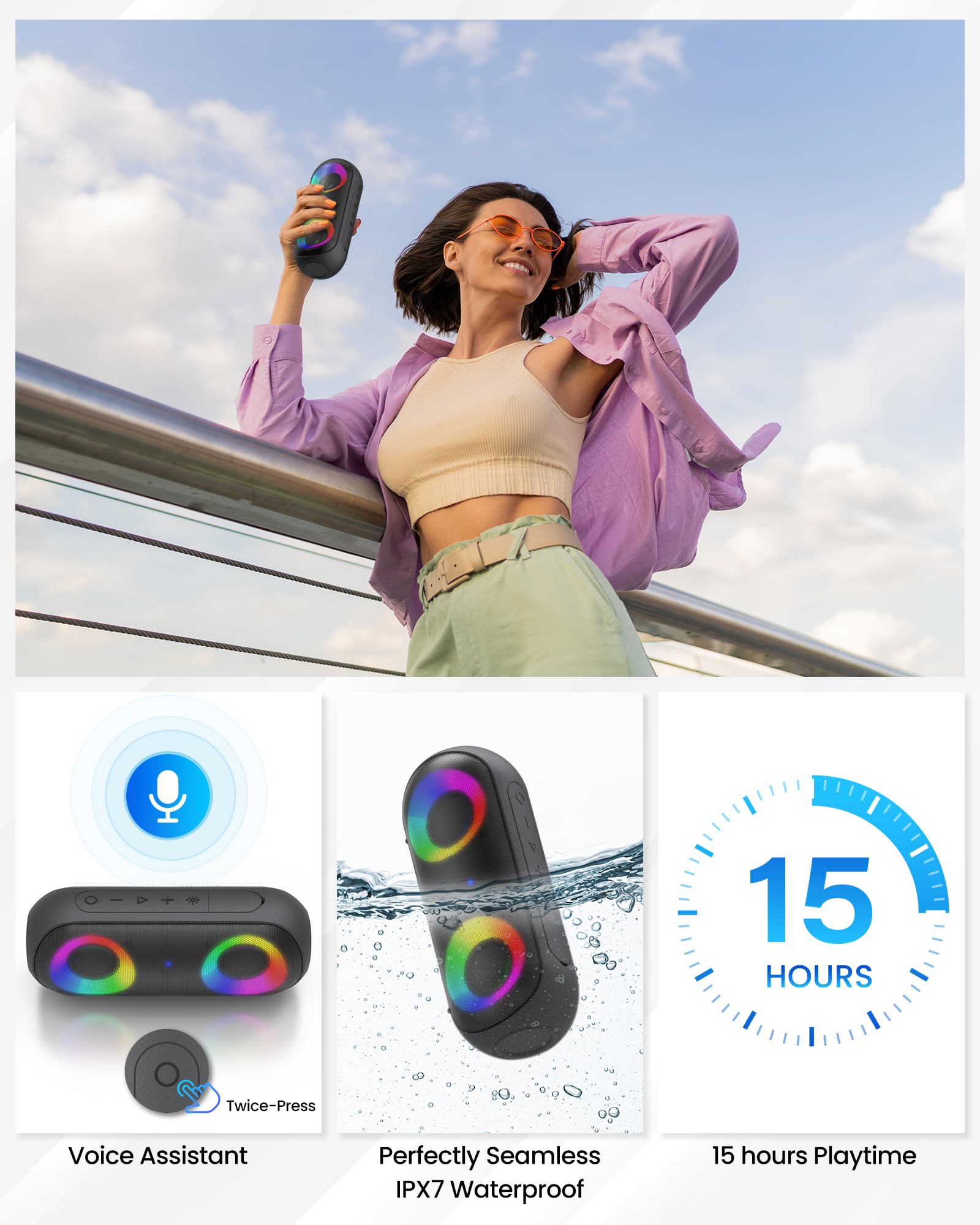 Bluetooth Speakers with Light, 30W Portable Bluetooth Wireless(100FT Range) Loud Stereo Sound, IPX7 Waterproof Shower Speakers, RGB Multi-Colors Rhythm Lights, 1000mins Playtime for Indoor&Outdoo