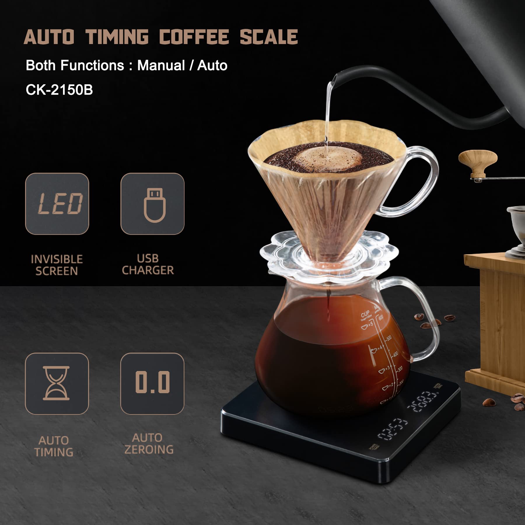 Ataller Auto Timing Coffee Scale, USB Rechargeable Digital Coffee Scale, Electronic Espresso Scale, Drip Coffee Scale, Kitchen with Timer Scale, Graduation 0.1g, Max 3000g, Upgraded Version