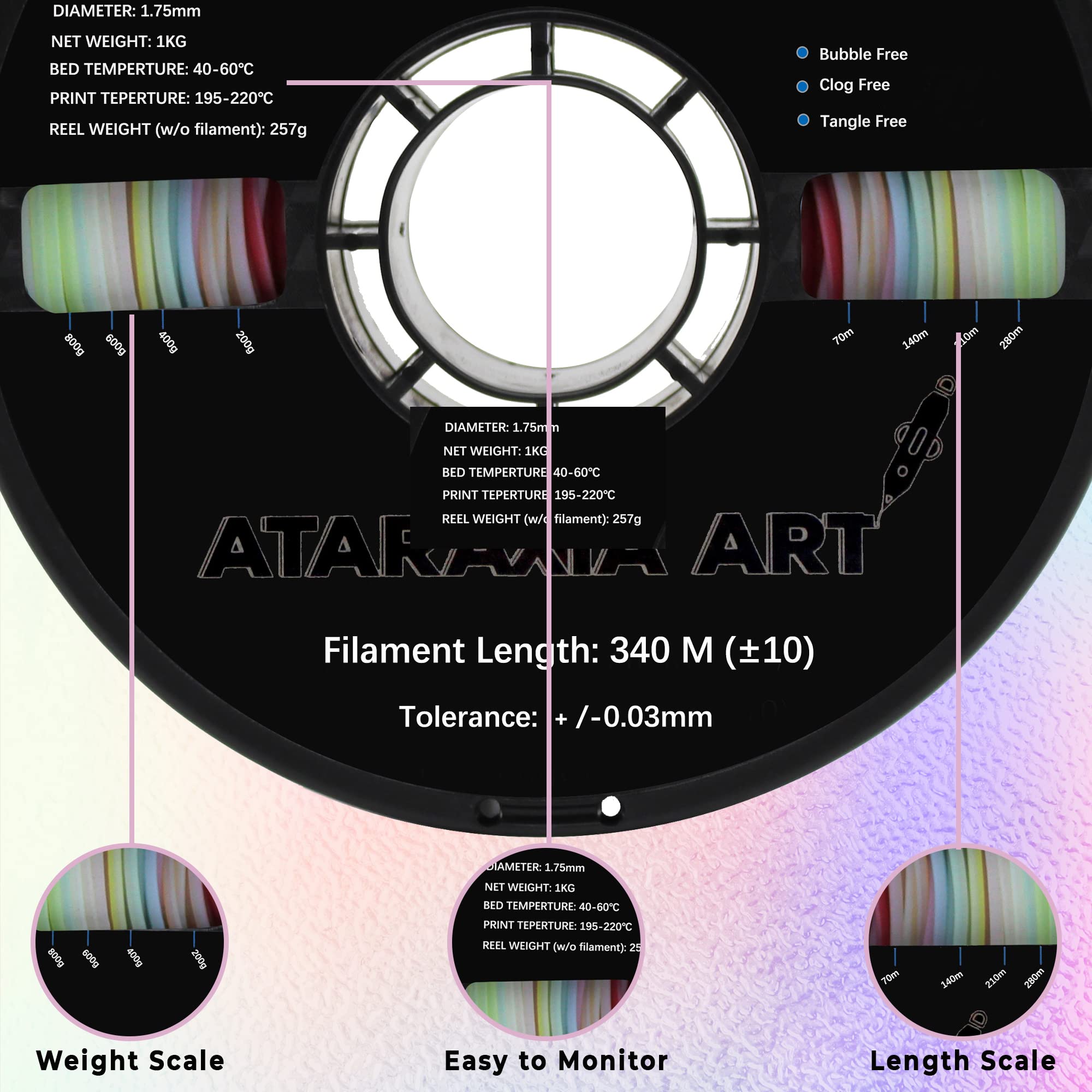 ATARAXIA ART White Mini Rainbow PLA Plus (PLA+) Filament, 3D Printer Filament, PLA Mini Multicolor Filament 1.75mm, 3D Printing Filament, 1KG, Include Filament Storage Bag, Fit Most FDM 3D Printer