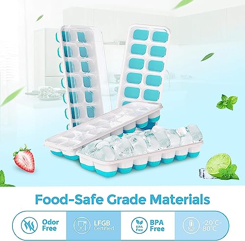 ARC Silicone Ice Cube Trays Freezer 1 TRAY, Easy-Release, Dishwasher safe, Flexible 14-Ice Cube Trays with Spill-Resistant Lid, LFGB Certified and BPA Free, Reusable, Stackable with Covers (Blue)