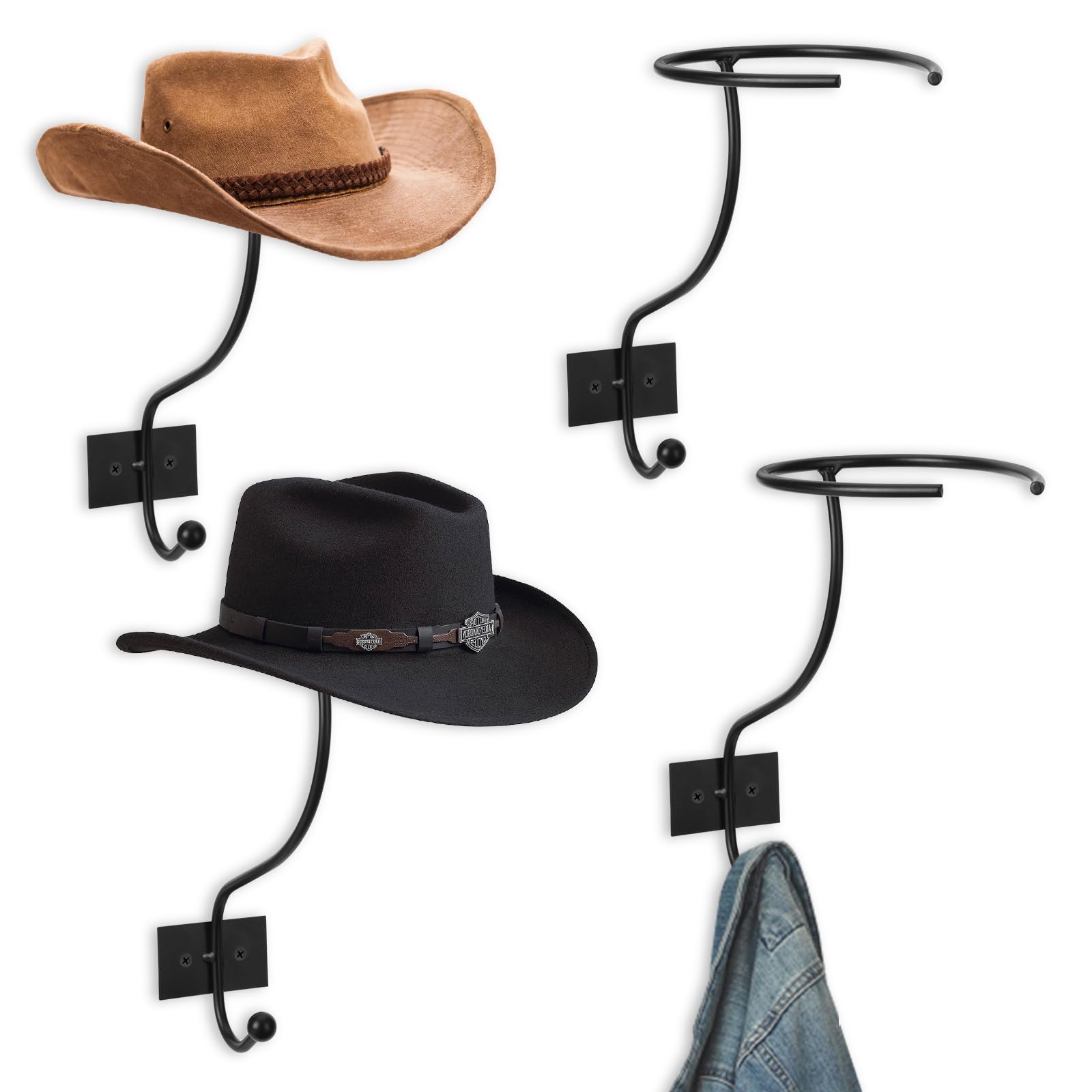 QUUREN Cowboy Hat Rack for Wall 4 Pack Rustic Metal Cowboy Hat Holder Cast Iron Cowboy Hat Hanger Western Horseshoe Hooks for Storage and Display at Closet Bedroom Living Room for Hats Coats Keys