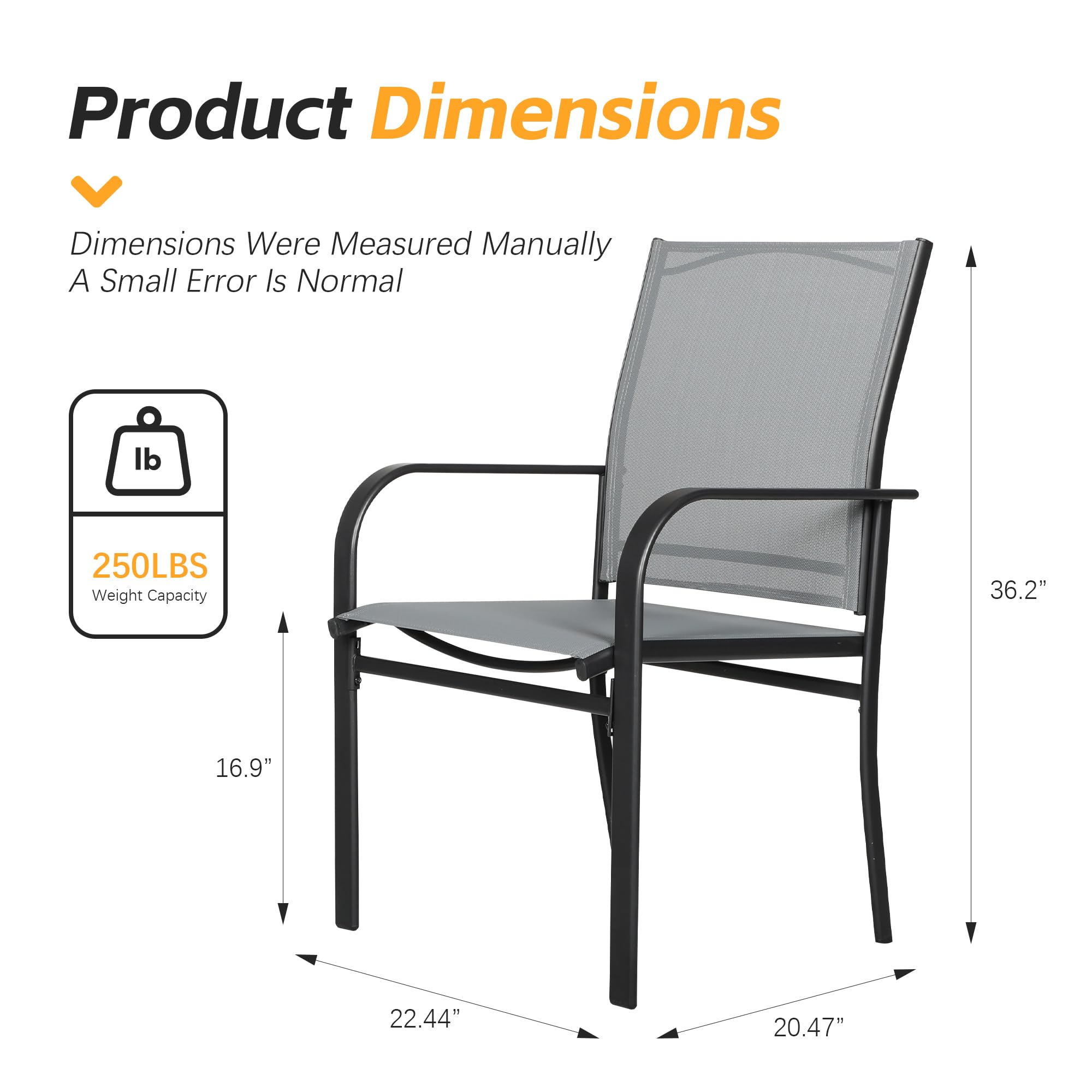 Brightpeak Outdoor Chairs Set of 2, Patio Dining Chairs with Armrest, All Weather Textilene Breathable Seat Fabric Chair for Backyard, Deck, Poolside (Grey)