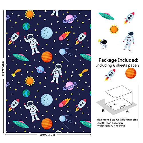 Birthday Wrapping Paper 6 Sheets Gift Wrap 20 x 30 inches per sheet (Folded Flat 6 sheets in 3 Designs: 26 sq. ft. ttl.), Astronaut Solar System Planets Rocket Alien Galaxy Pattern- for Space Lover Boys Kids Baby Shower Kindergarten Party