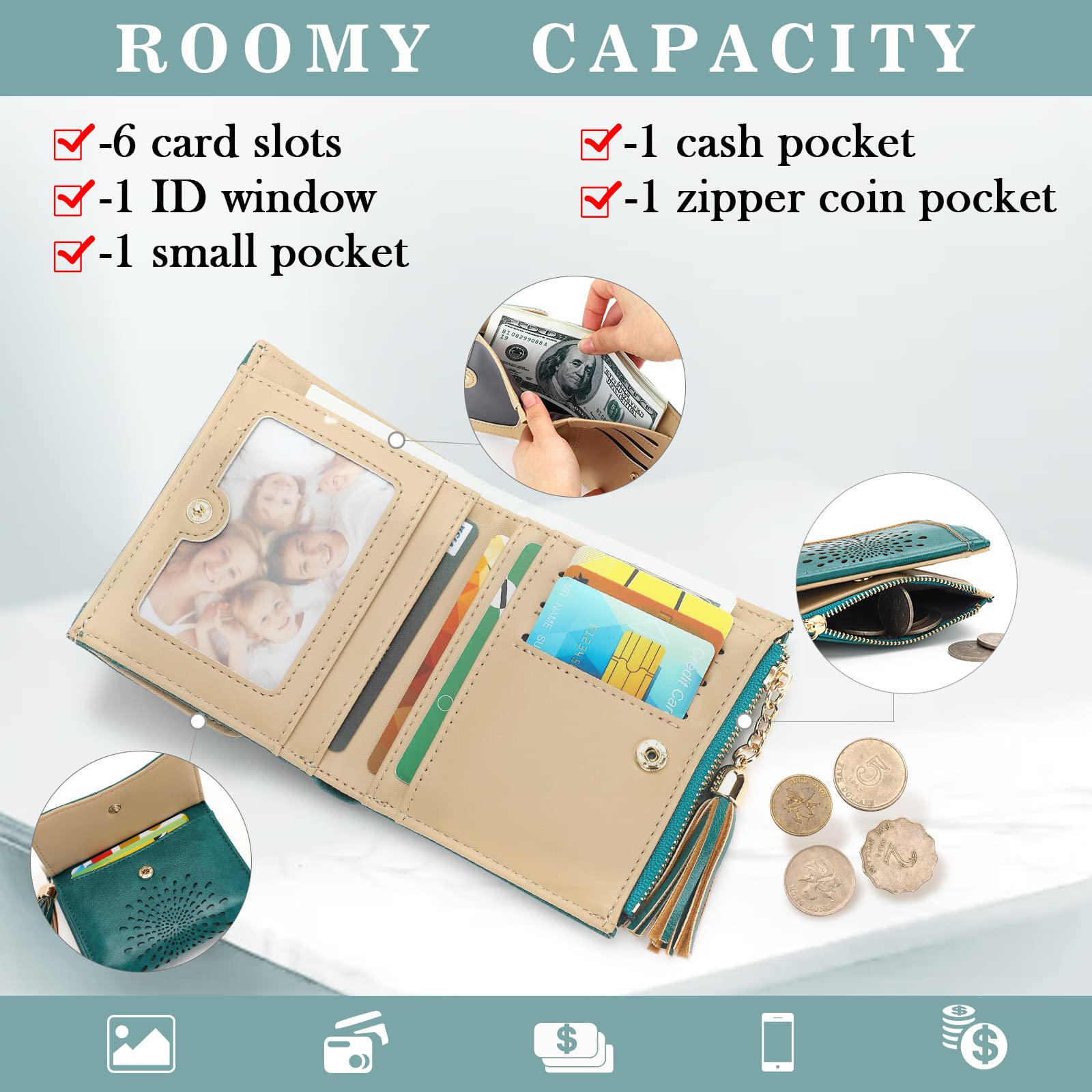 APHISON Small Wallet for Women, Sunflower RFID Wallet Women Leather Womens Wallet Cute Compact Bifold Wallets Zipper Tassel Coin Purse ID Card Holder Peacock Blue