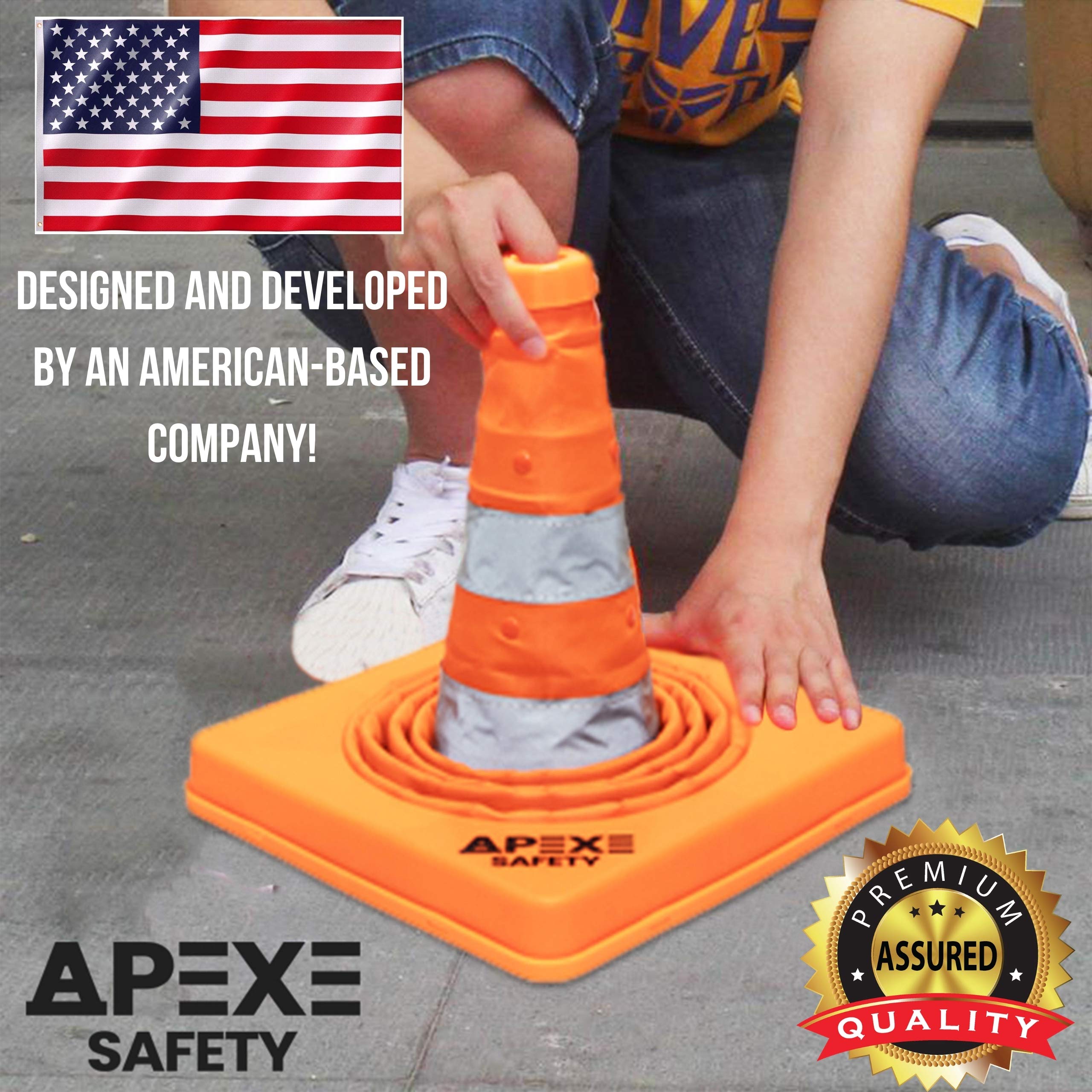 APEXE SAFETY Collapsible Traffic Cones, 19.5 Inch Pop Up Orange Cones, Construction Cones with 2 High-Intensity Grade Reflective Stripes, Waterproof Safety Cones with Durable Carrying Bag (4 Pack)