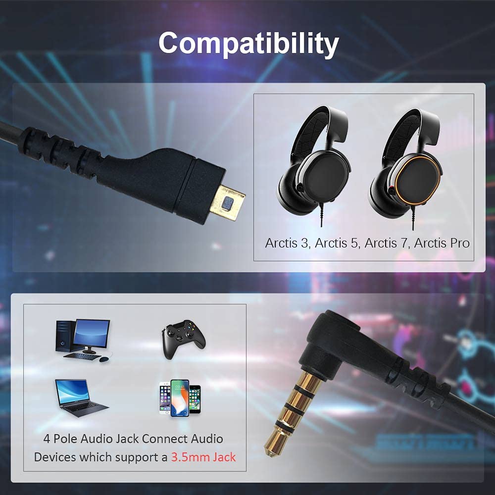 QJYTH Replacement Audio Cable Compatible with Steelseries Arctis 3 Headset, Aux Cable for Steel Series Arctis3, Arctis 5, Arctis Pro Headset, 1.5 m Black Cord