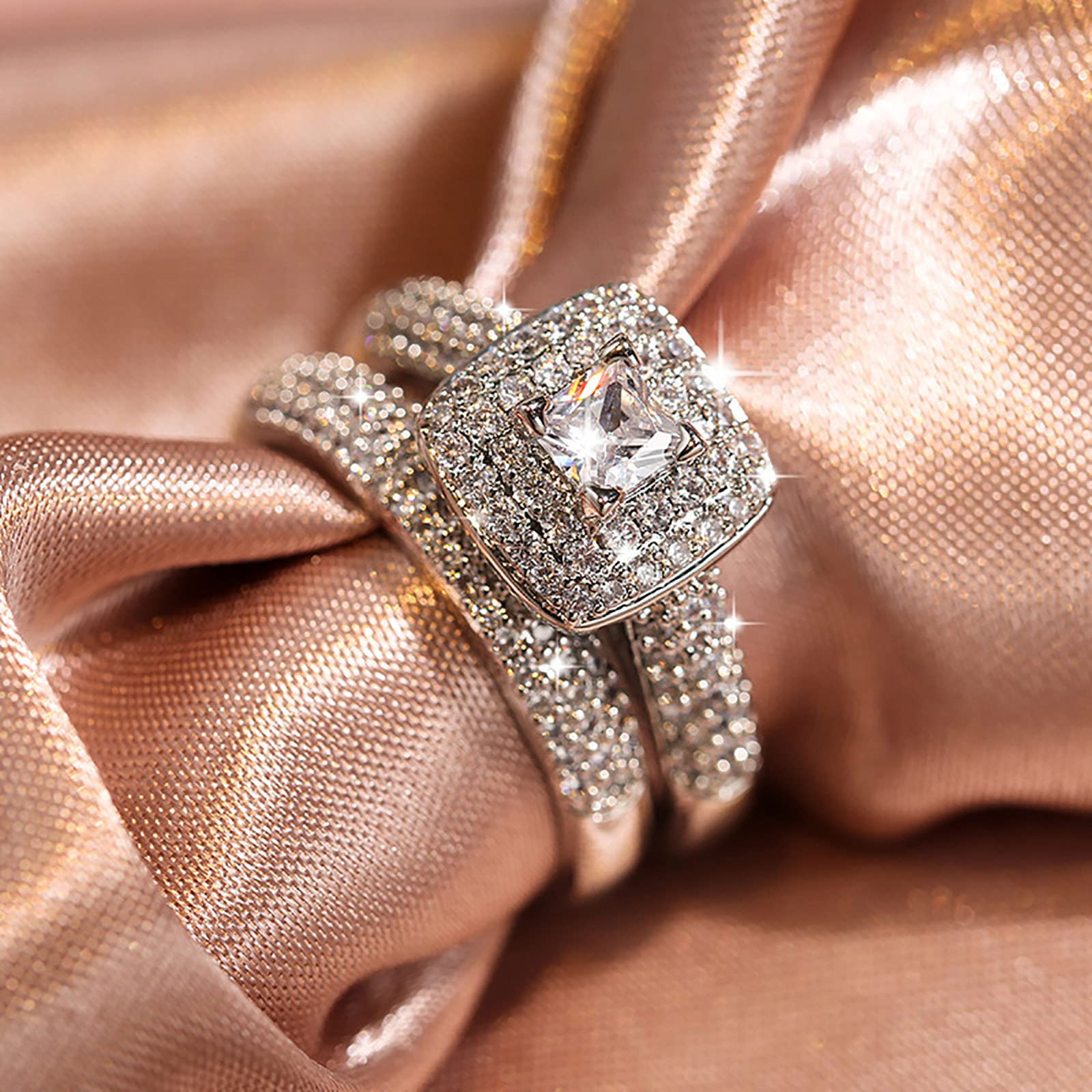 BLUGY 2pcs Ring Set Couple Rings Princess Square Diamond Set Ring Fashion Luxury Engagement Wedding Jewelry for Valentine's Day
