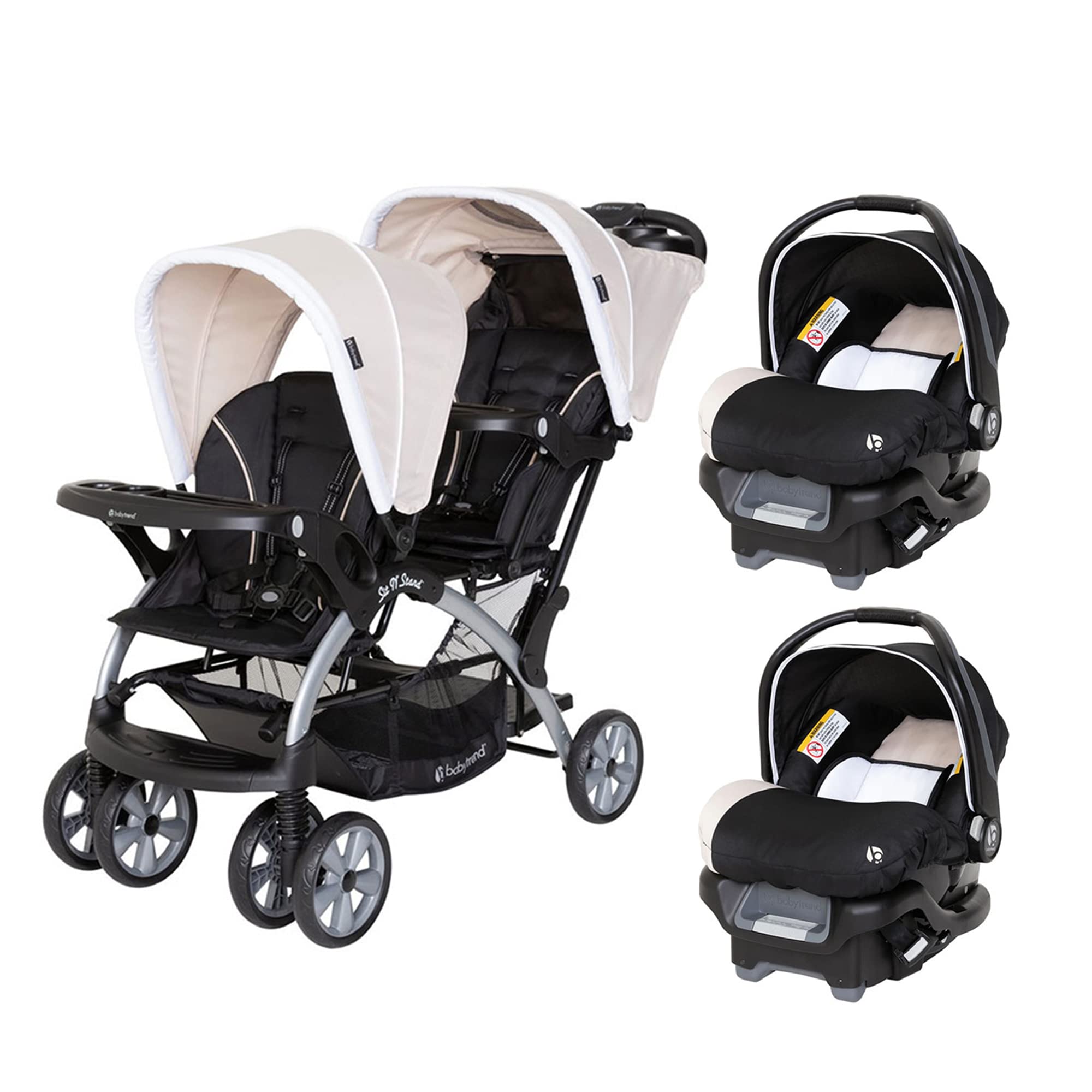 Baby Trend Sit N' Stand Easy Fold Travel Double Toddler and Newborn Stroller & 2 Single Infant Car Seat Combo Set, w/ Safety Harnesses & Cover, Khaki