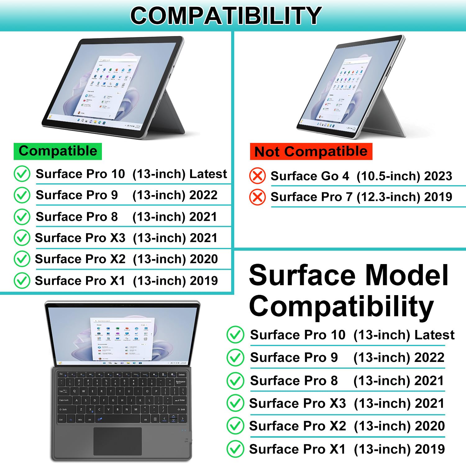 Arteck Microsoft Surface Pro Keyboard Type Cover, Ultra-Slim Portable Bluetooth Wireless Keyboard for Latest Surface Pro 10, Pro 9, Pro 8, Pro X with Touchpad Built-in Rechargeable Battery
