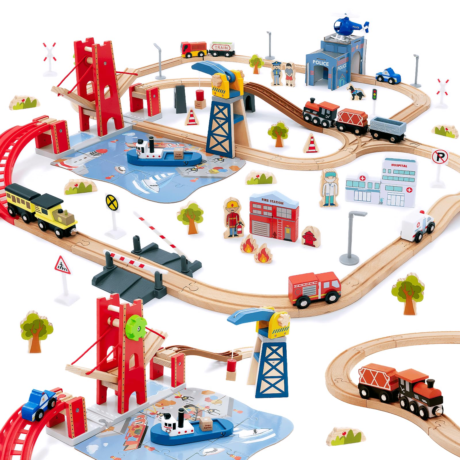 Giant bean 70PCS Wooden Train Set with Battery Locomotive Fits Thomas, Brio, Chuggington, Melissa Tracks, Expandable Toys for 3+ Years Old Girls & Boys
