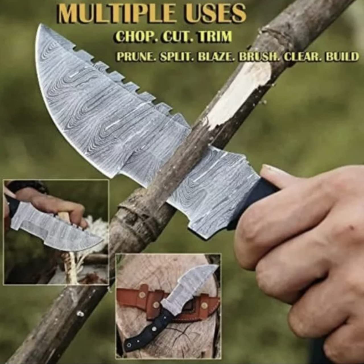 BBX Hand Made Damascus Hunting Knife with Leather Sheath Bush Craft Knife Survival Knife 10 Inches fixed Blade with ASH Wood Handle (Tracker Knife, 10 Inches)