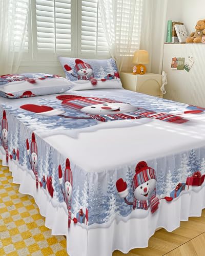 AMZRicher Winter Snowman Wrap Around Pleated Bed Skirts for Twin XL Bed 39x80, Decorative Dust Ruffle Bed Sheet & Bedskirt 18'' Drop Bedspread with Pillow Case 20x30 Christmas Forest Snowy Tree