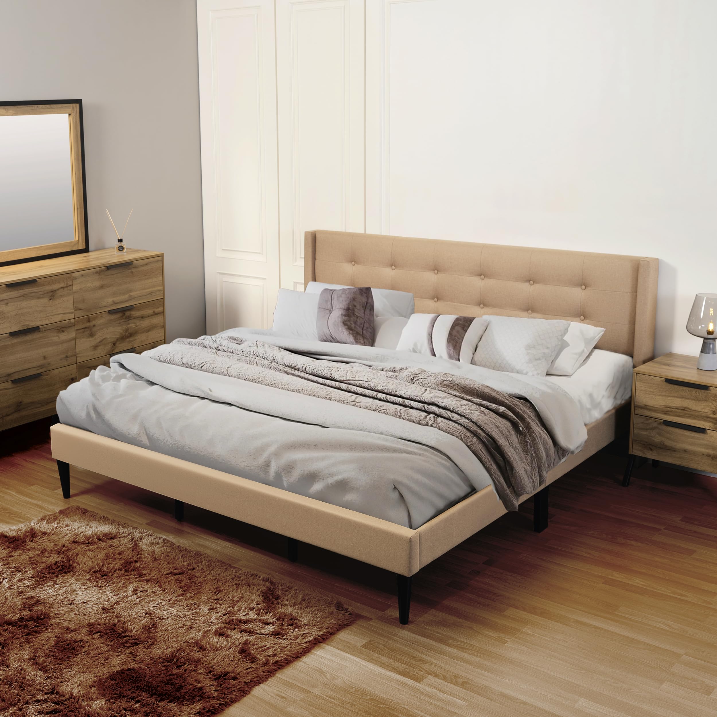 PrimeZone Queen Size Bed Frame - Modern Platform Bed Frame with Wingback Tufted Headboard, Linen Fabric Upholstered Bedroom Bedframe with FSC-Certified Poplar Wood Slats, No Box Spring Needed, Grey