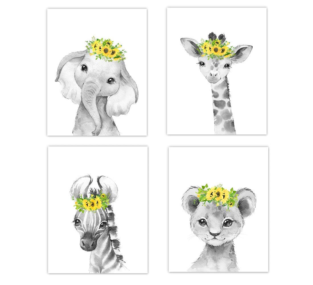 Baby Girl Nursery Wall Art Sunflowers Floral Safari Animals Elephant Giraffe Lion Zebra Room Decor 4 UNFRAMED PRINTS