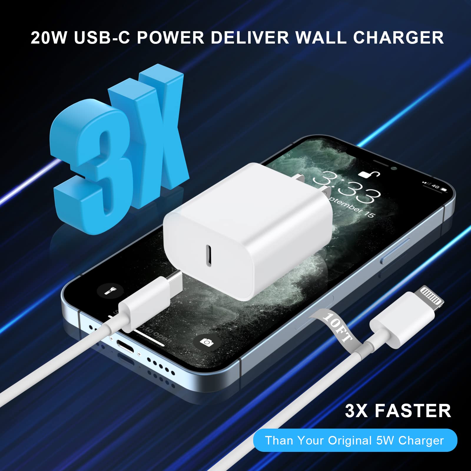 CREHAO iPhone Fast Charger, [MFi Certified] 20W PD USB C Wall Charger Block Plug with 10FT Extra Long Type C to Lightning Fast Charging Data Sync Cable Compatible for iPhone 14 13 12 11 XS XR X 8 iPad