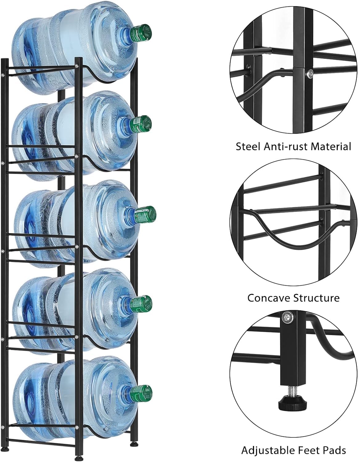 HEOMU 5 Gallon Water Jug Rack, 5-Tier Water Bottle Holder Storage Rack, Water Jug Organizer for Kitchen, Office, Garage, Black