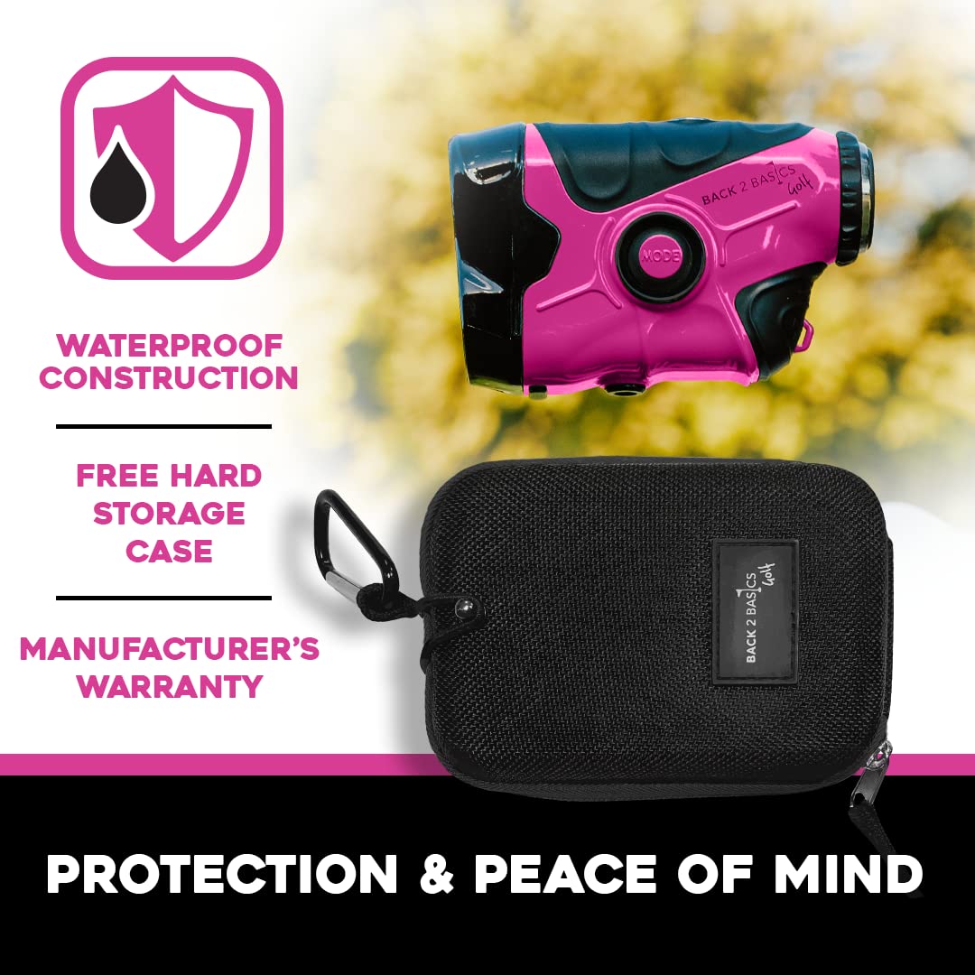 BACK 2 BASICS GOLF | Pro Vision Golf Rangefinder with Slope, 8X Zoom, 800 Yards | Pink | Waterproof Range Finder with 3 Modes | Adjustable Lens | Golf Distance Yardage Device | Premium Golf Gear